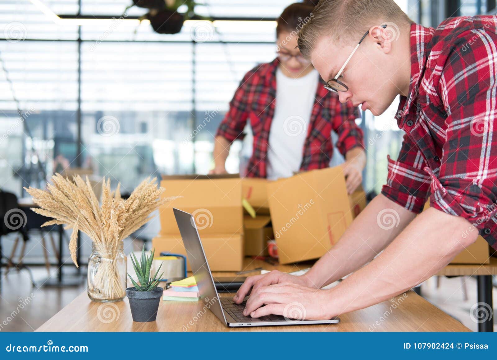 Startup Small Business Owner Working with Computer at Workplace. Stock ...