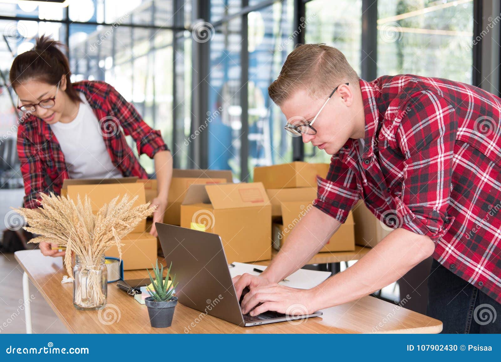 Startup Small Business Owner Working with Computer at Workplace. Stock ...