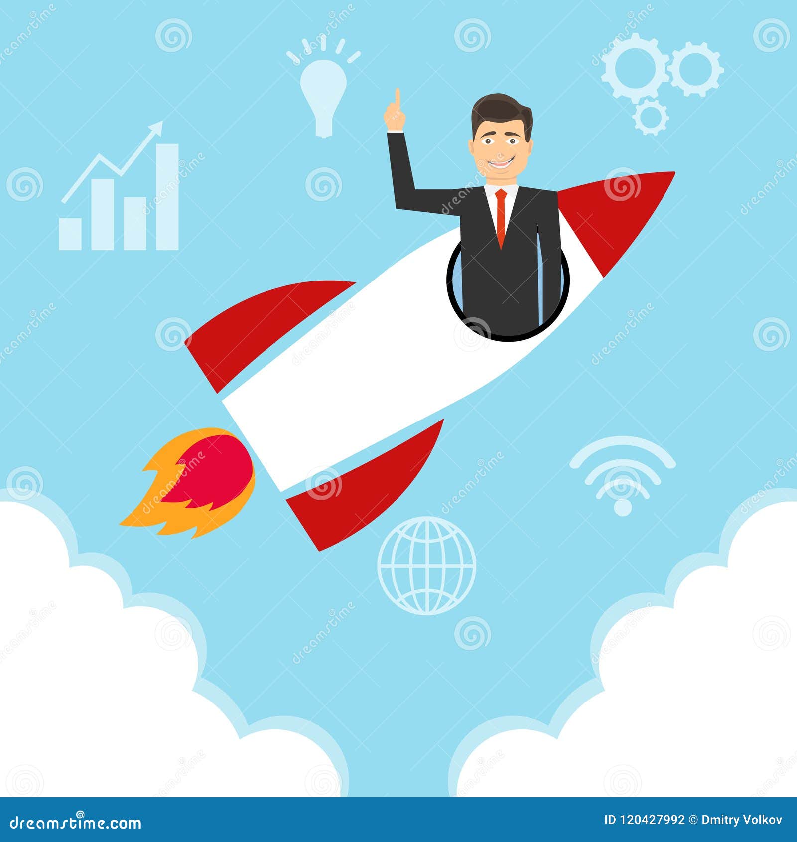 A Startup, a Startup Icon, a Rocket Flying in the Clouds with a Man in ...