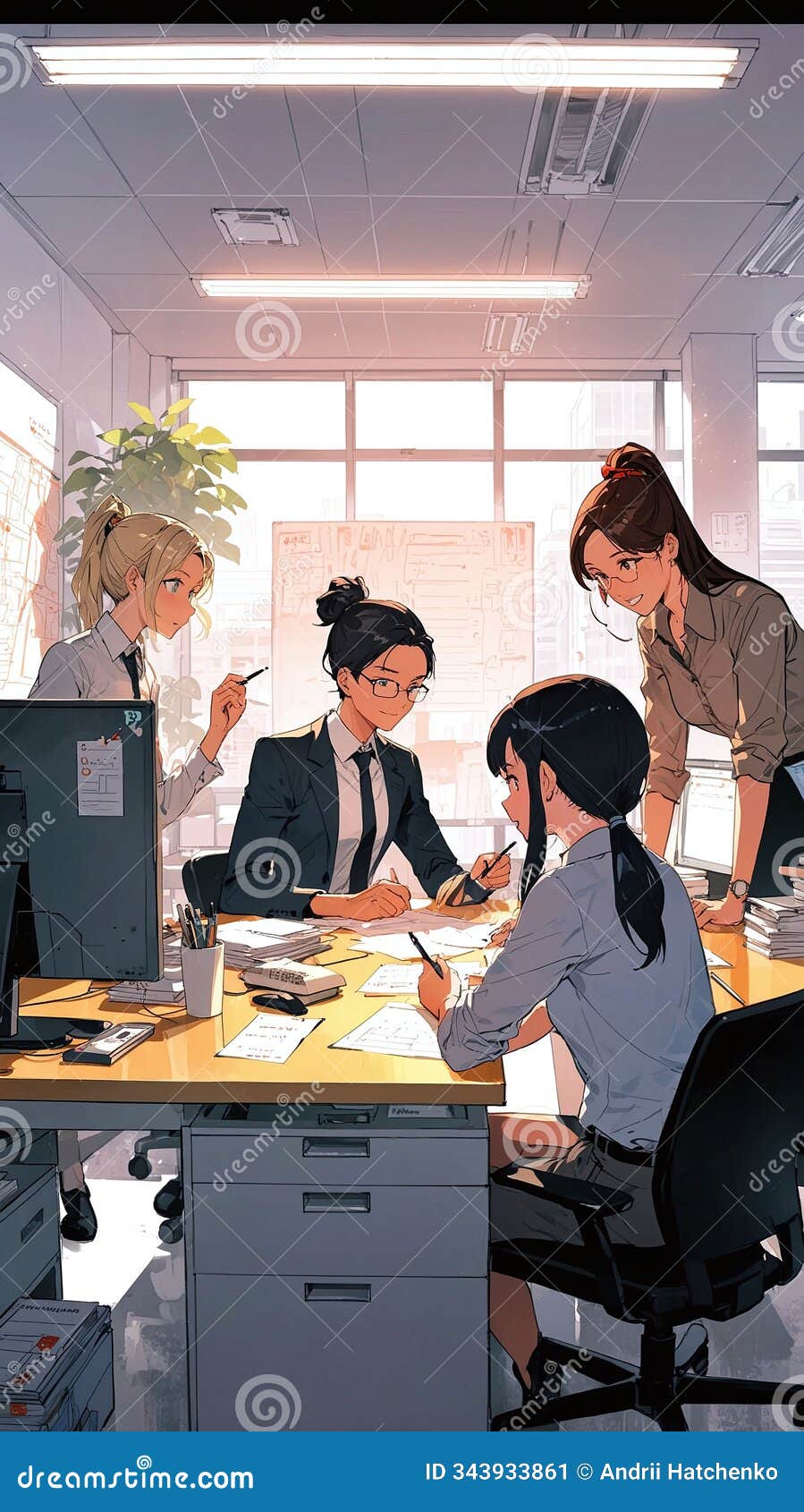 Startup-style Anime Office with a Brainstorming Session in Progress ...