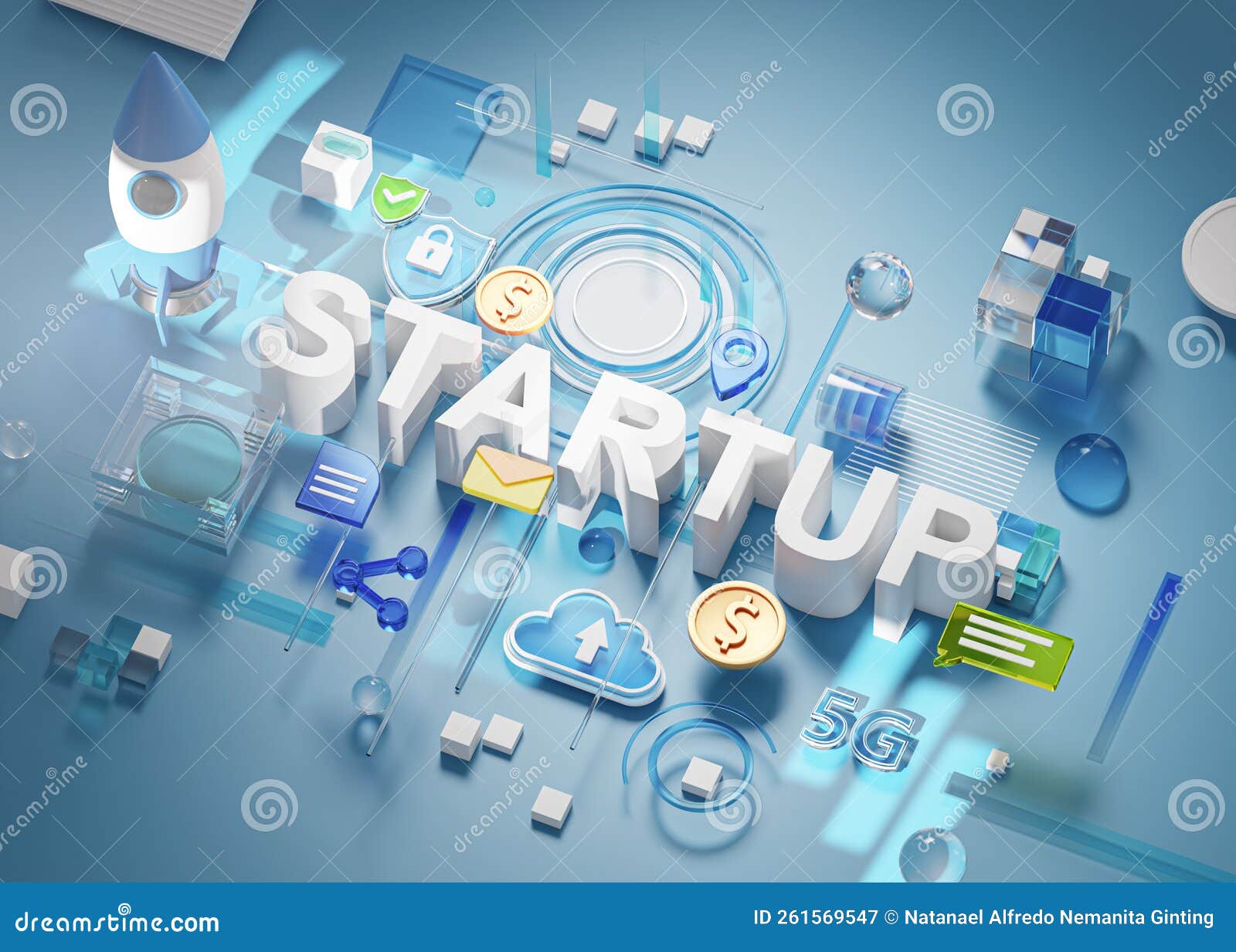 Startup Text Concept Rocket Technology Symbol Cloud 5G Dollar Blue ...