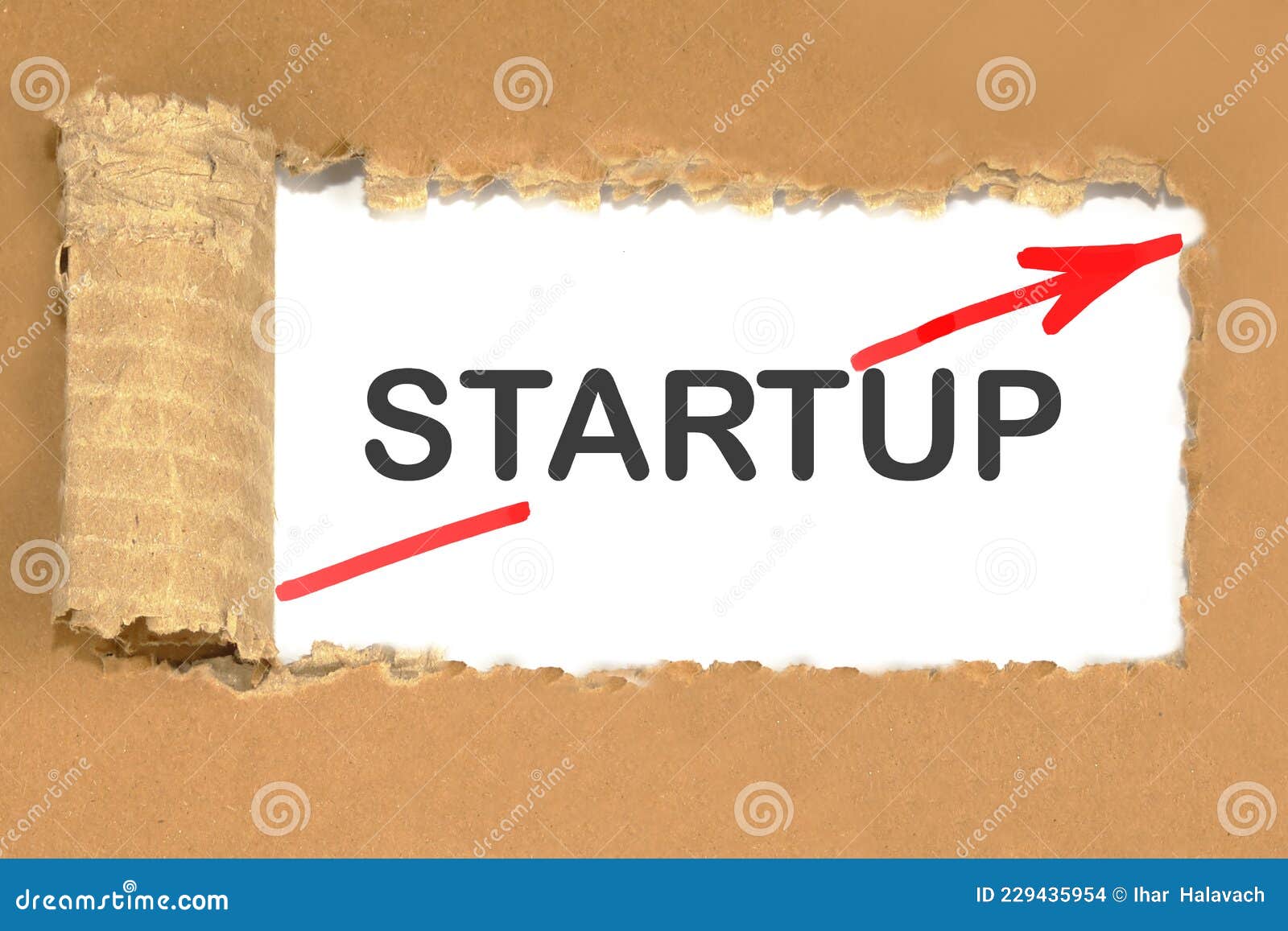 Startup Text on a Torn Cardboard with a Red Arrow Indicating a Quick ...