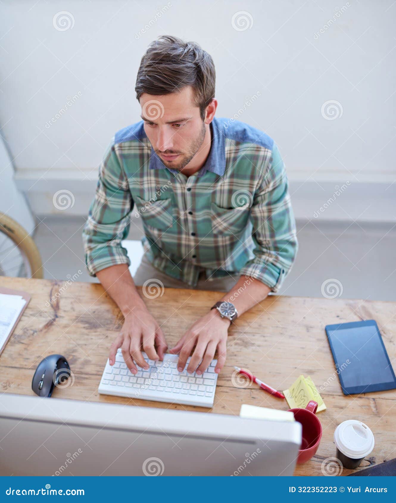 Startup, Top View or Man on Computer for Information Technology, Problem Solving or Online ...