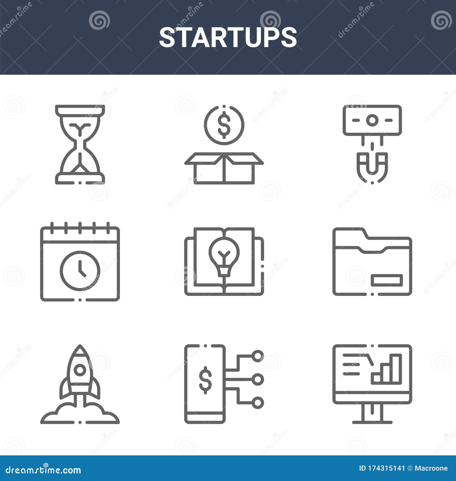 9 Startups Icons Pack. Trendy Startups Icons on White Background Stock ...