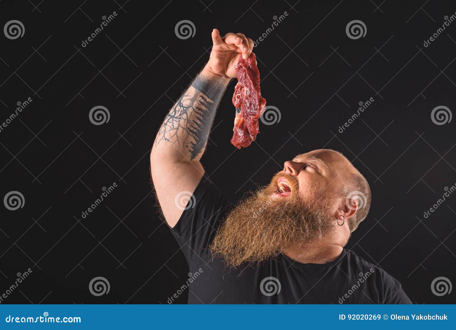 Starving Fat Man Eating Uncooked Steak Stock Image Image Of Hungry Alone 92020269