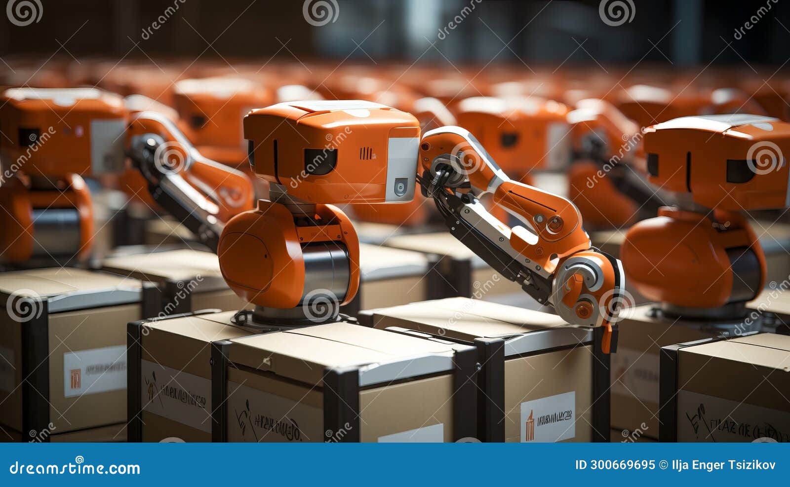 Robotic Arm Put Logistics Package On Automate Machine (AGV Royalty-Free ...