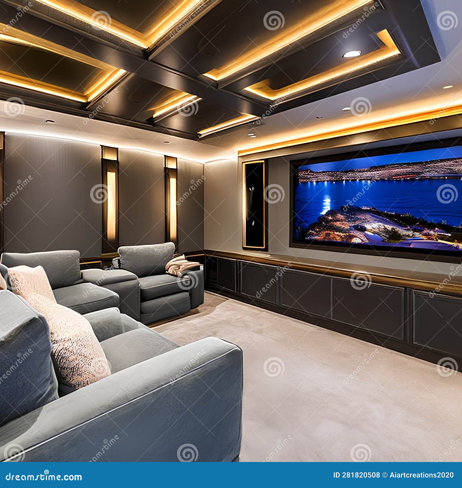 A State-of-the-art Home Theater with Plush Seating, a Large Screen, and ... A State-of-the-art Home Theater with Plush Seating, a Large Screen, and ...