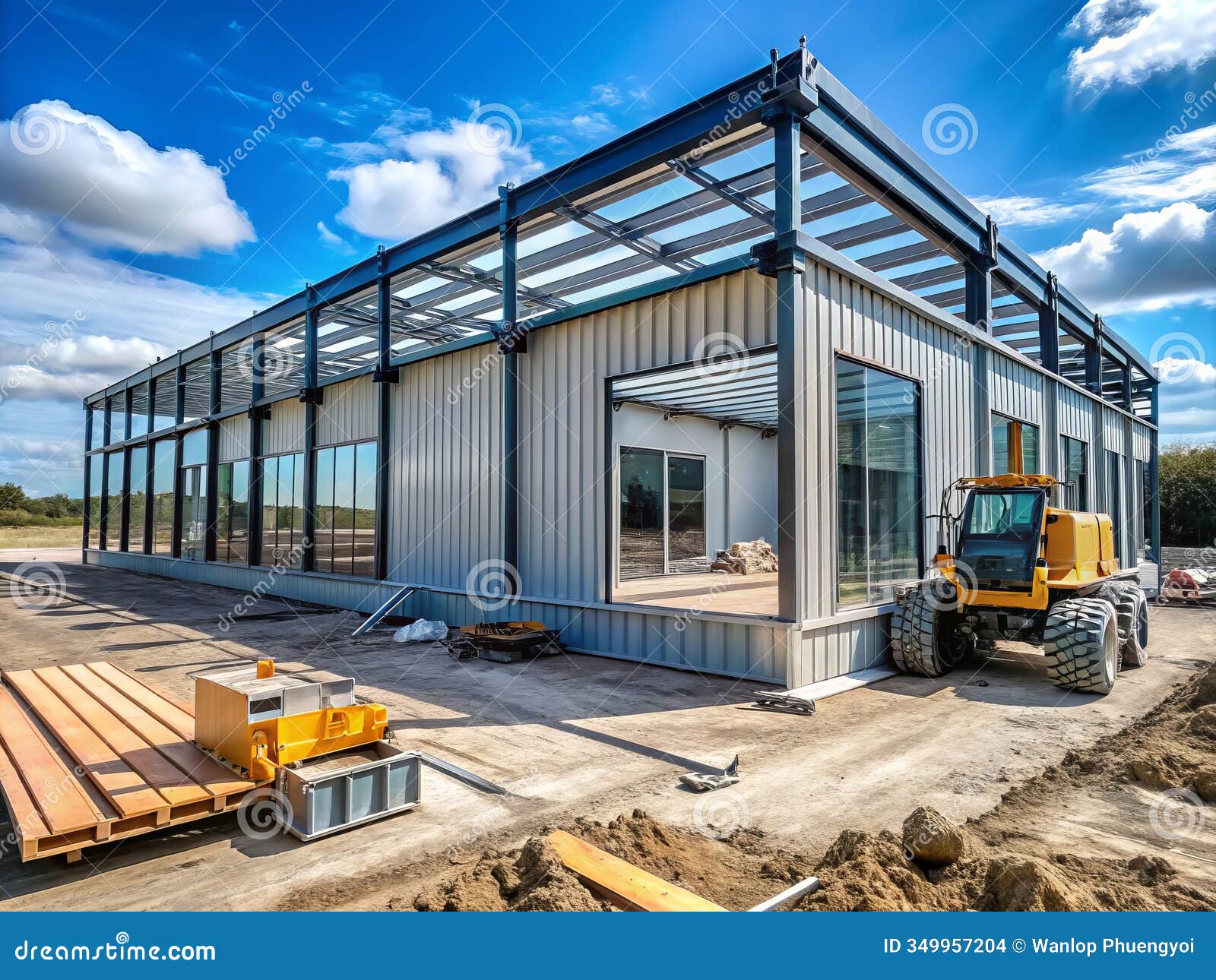 Prefabricated Steel Beams Being Attached To A Modular Foundation ...