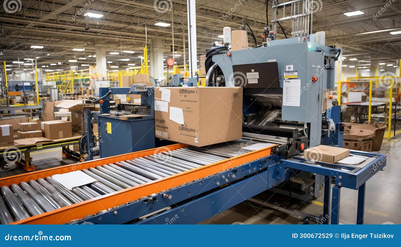 Robotic Arm Put Logistics Package On Automate Machine (AGV Royalty-Free ...