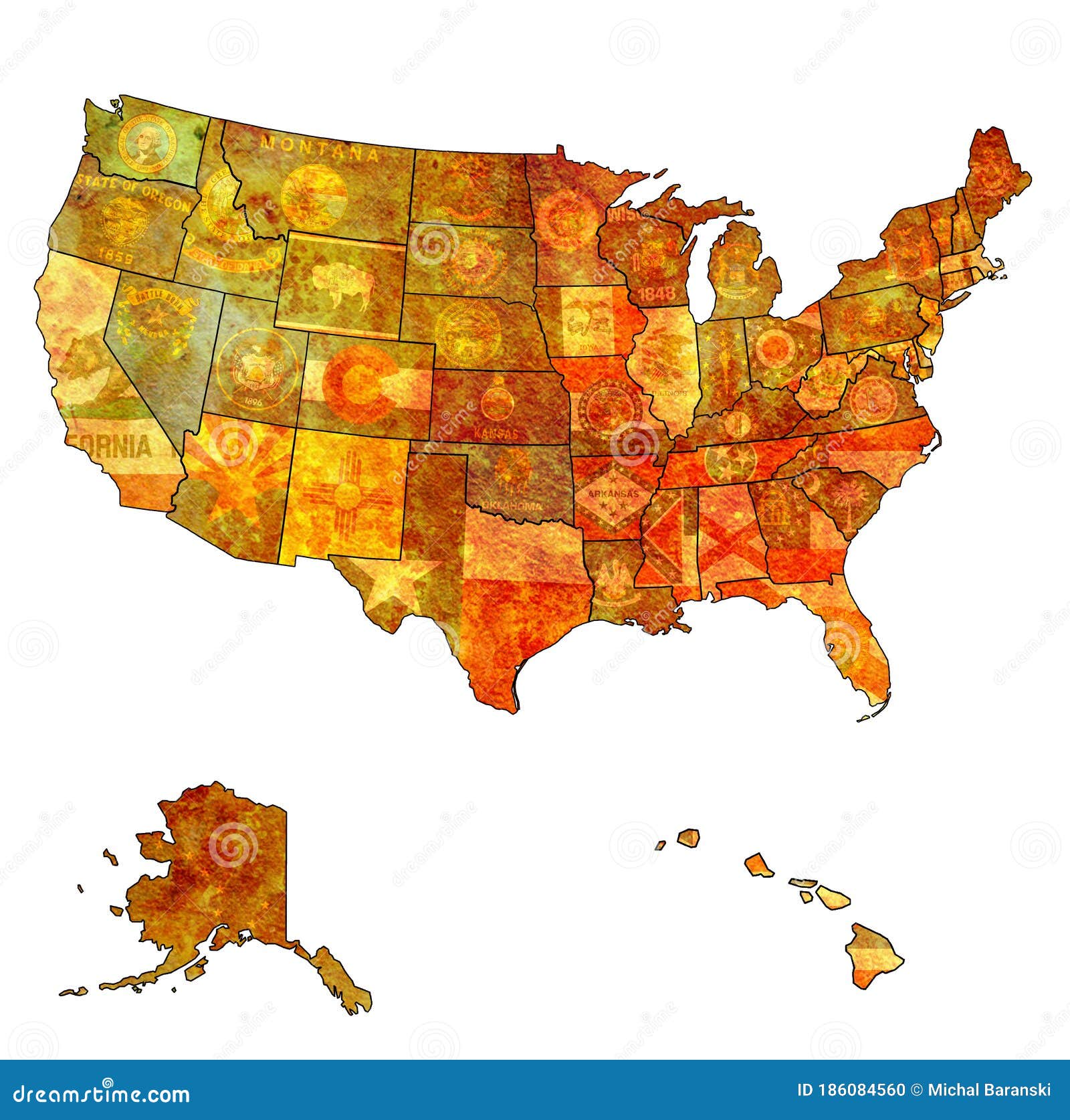 State flags on map of usa stock illustration. Illustration of state ...