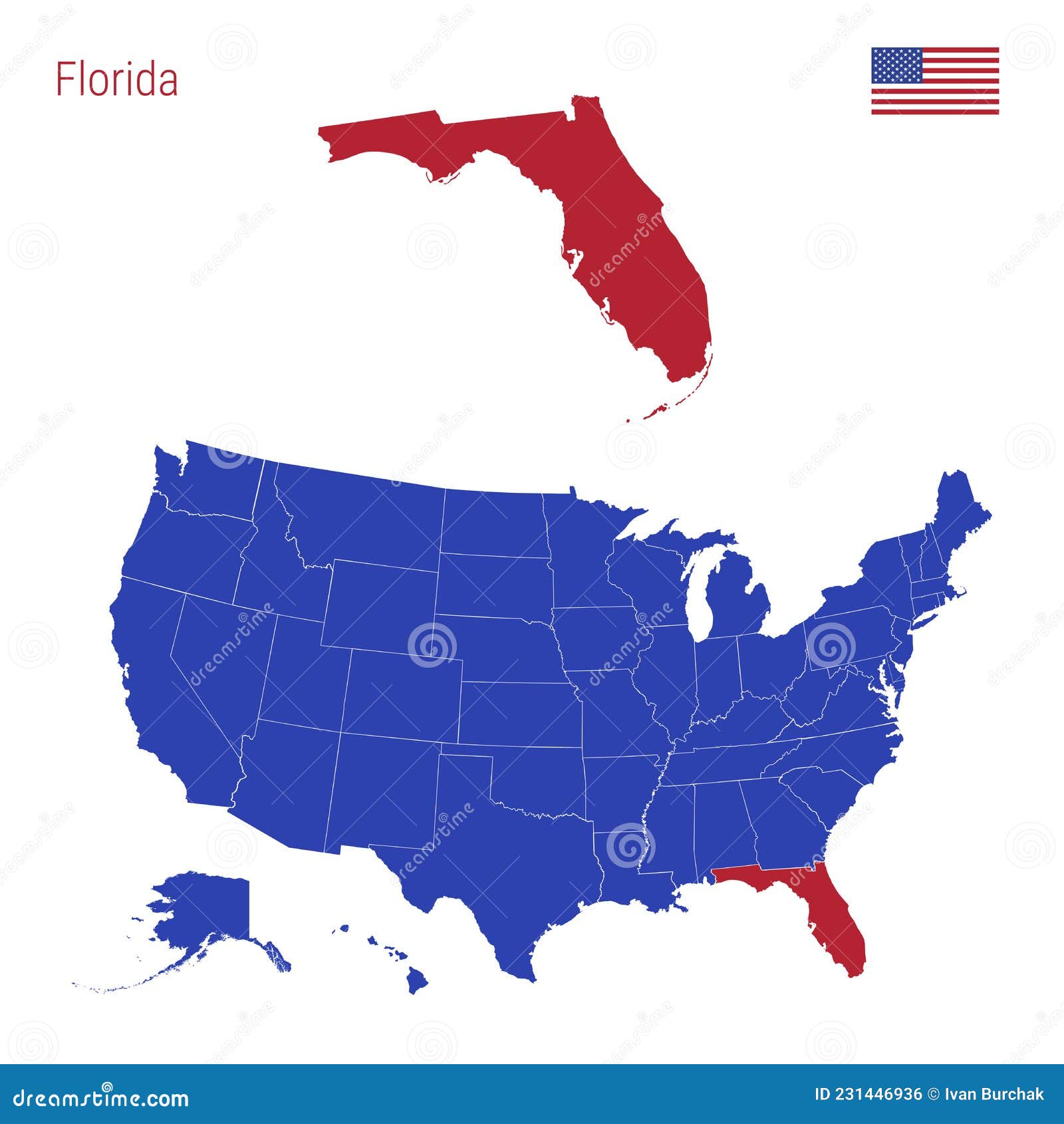 The State of Florida is Highlighted in Red. Vector Map of the United ...