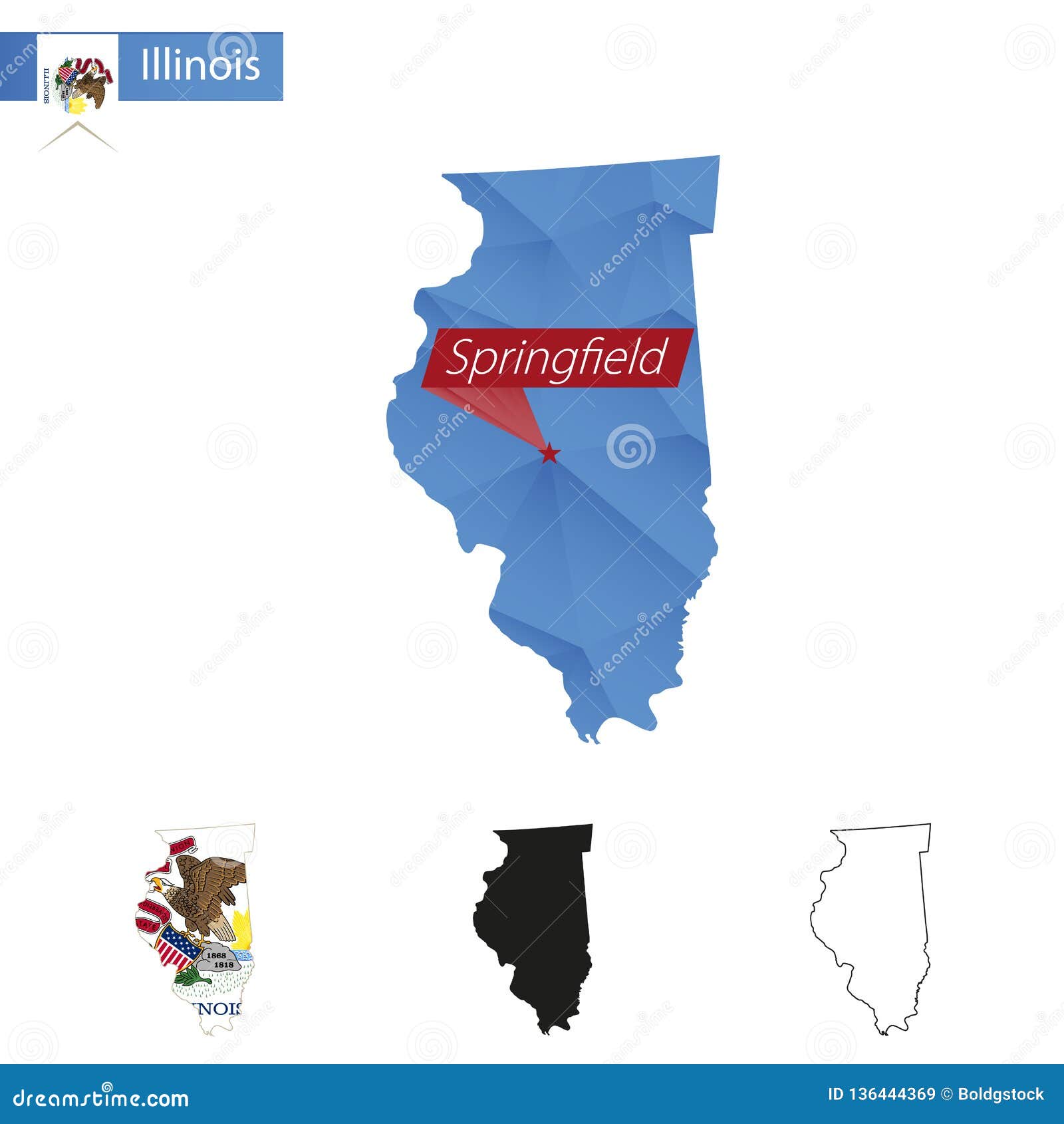 State of Illinois Blue Low Poly Map with Capital Springfield Stock ...