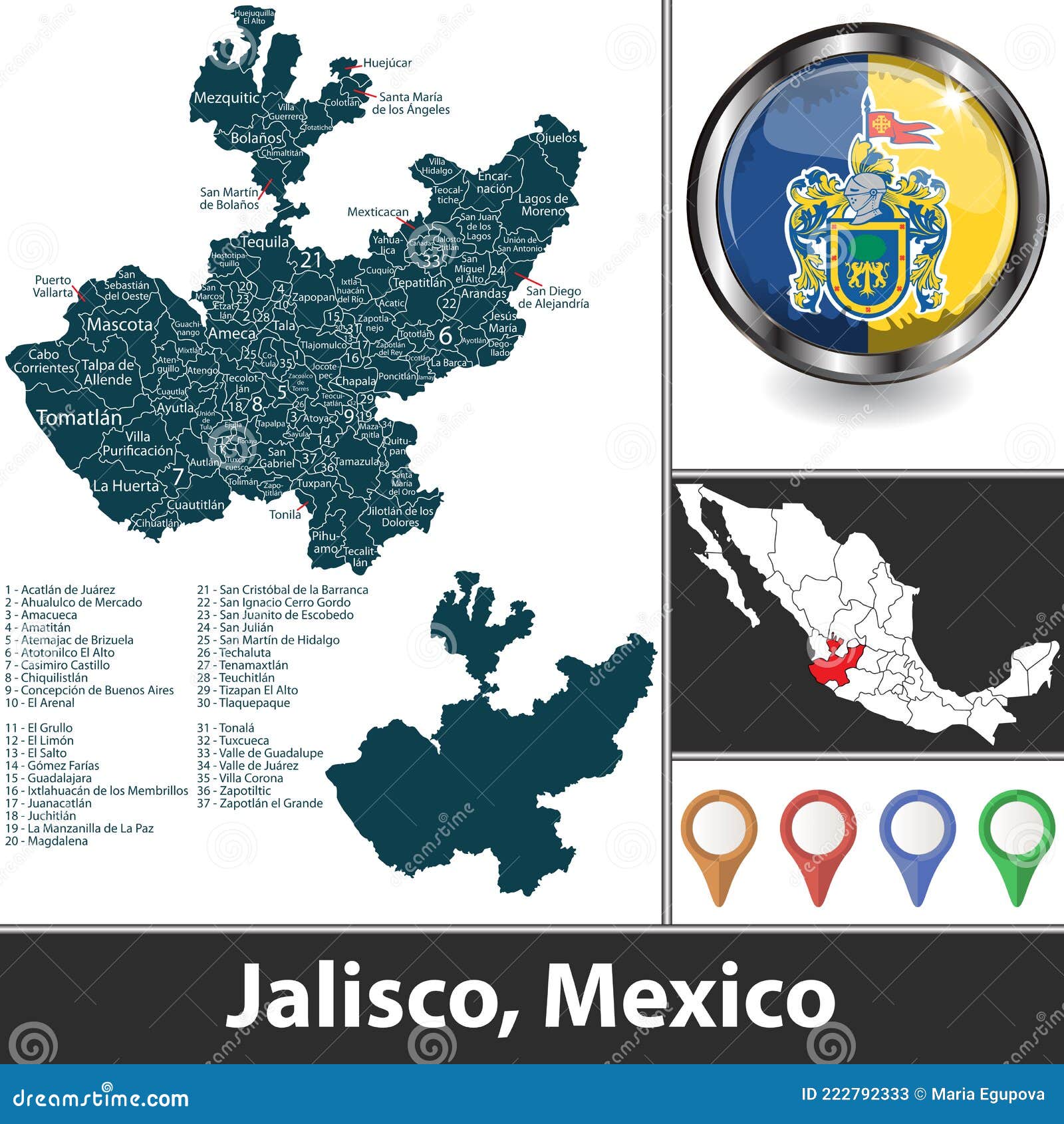 Map of Jalisco, Mexico stock vector. Illustration of region - 222792333