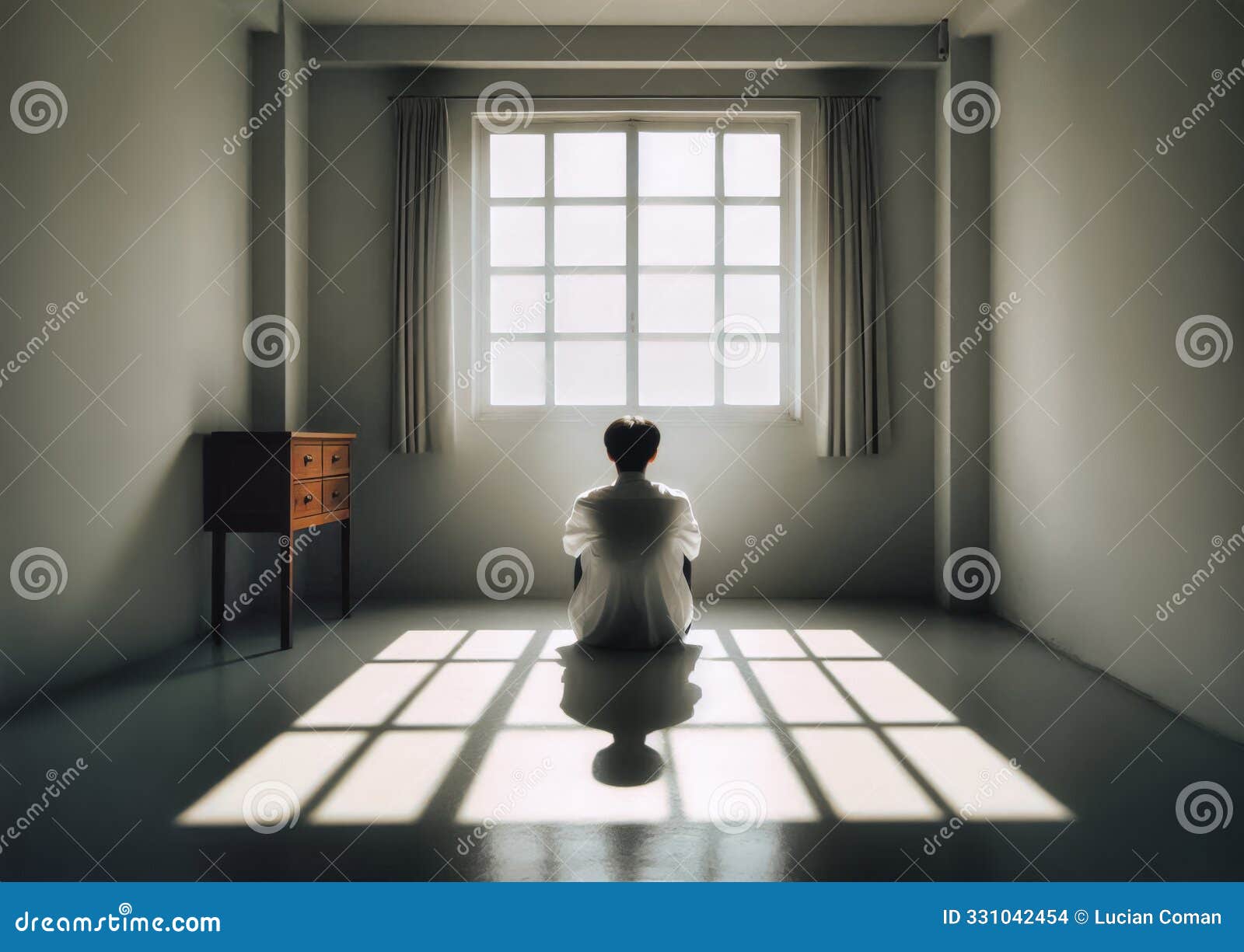 State of Mind a Person Sitting Alone in a Empty White Room, Emphasizing ...