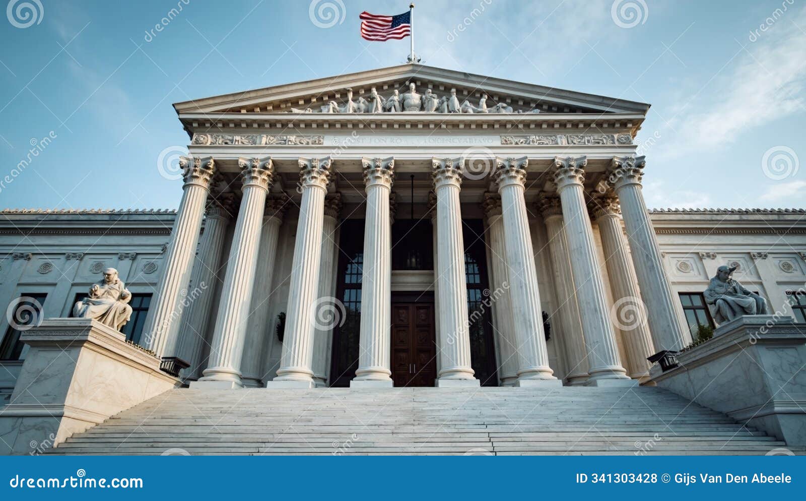 Stately Government Building with Flag Columns and Grand Doors Stock ...