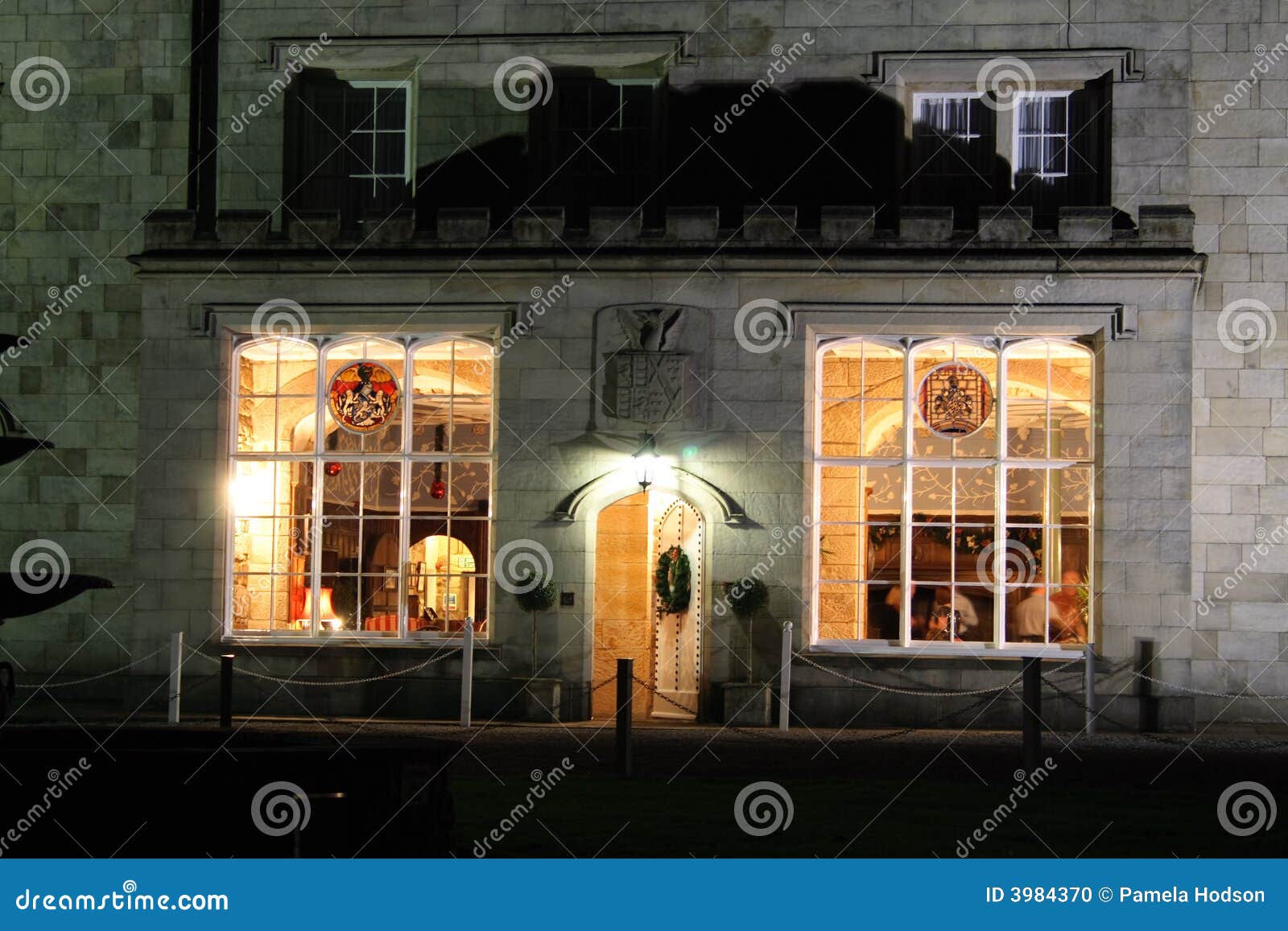 Stately Home Windows and Door Lit at Night Stock Photo - Image of ...