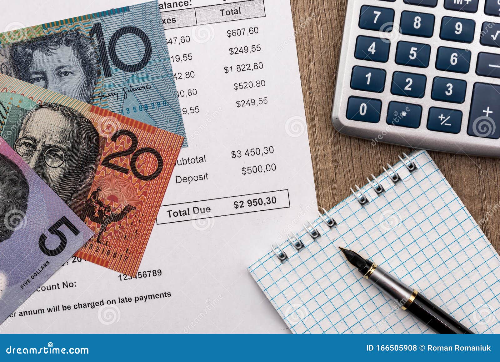 Statement of Account with Australian Dollar, Calculator and Notepad ...