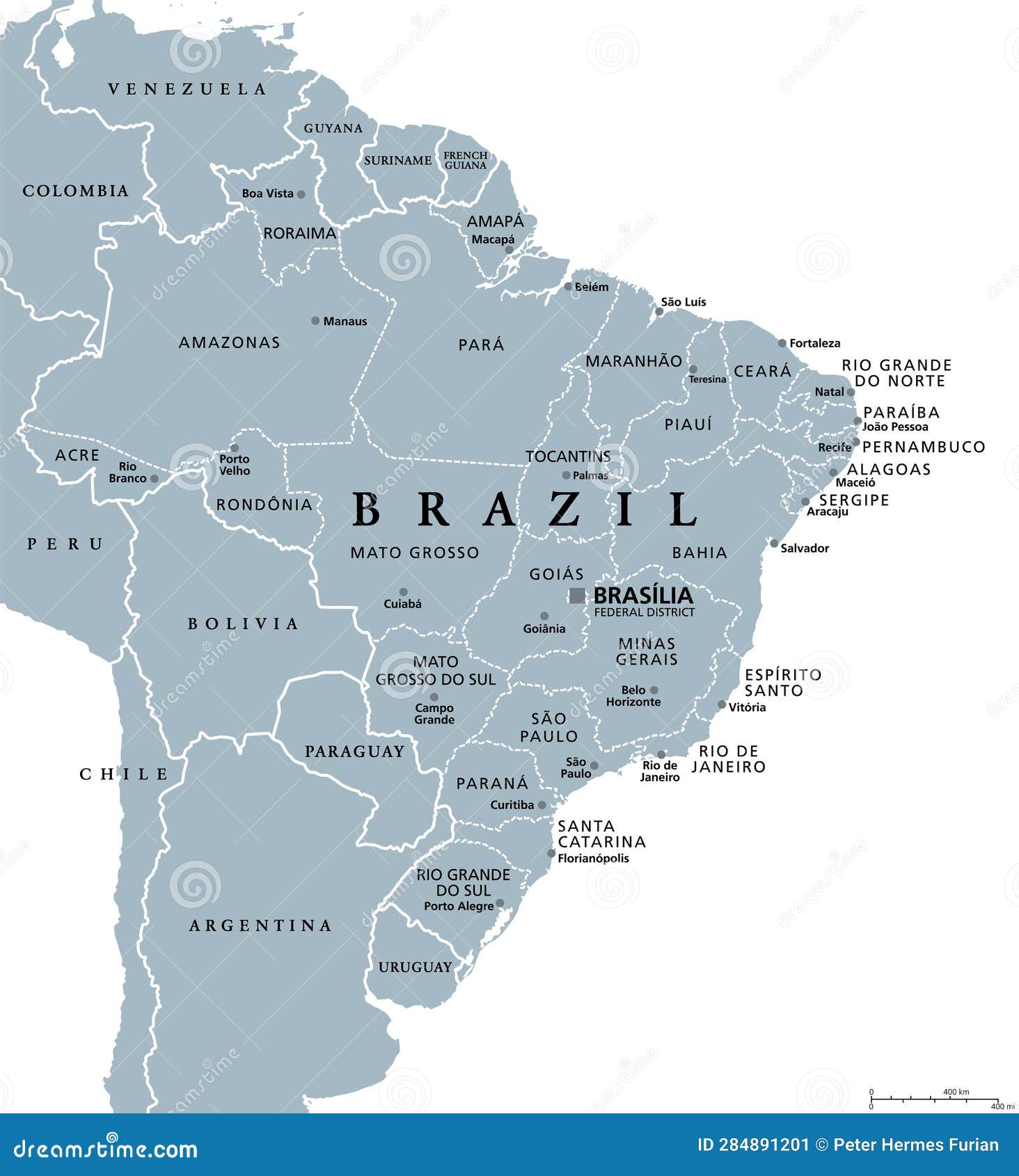 States Of Brazil, Federative Units With Capitals, Gray Political Map ...