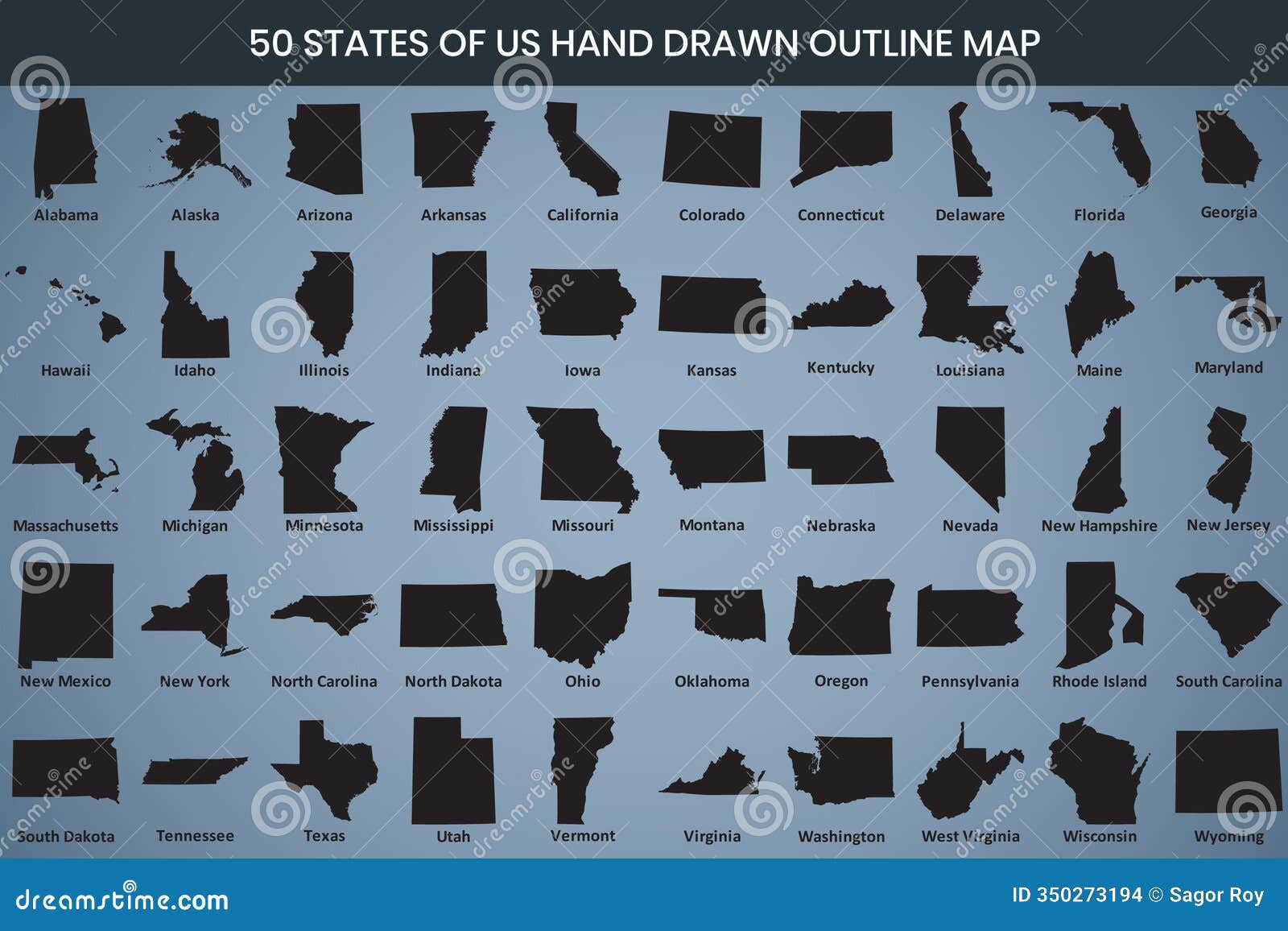 50 States of US Hand Drawn Outline Map Stock Vector - Illustration of ...