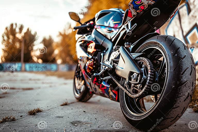 Static Shot of a Motorcycle with Bold Graphics on the Wheel Fairing ...