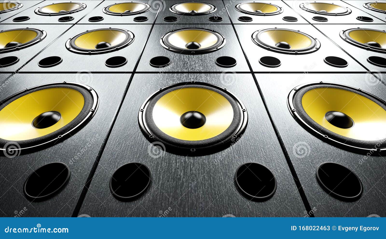 Static View of Audio Speakers with Yellow Membrane Stacked in Rows ...
