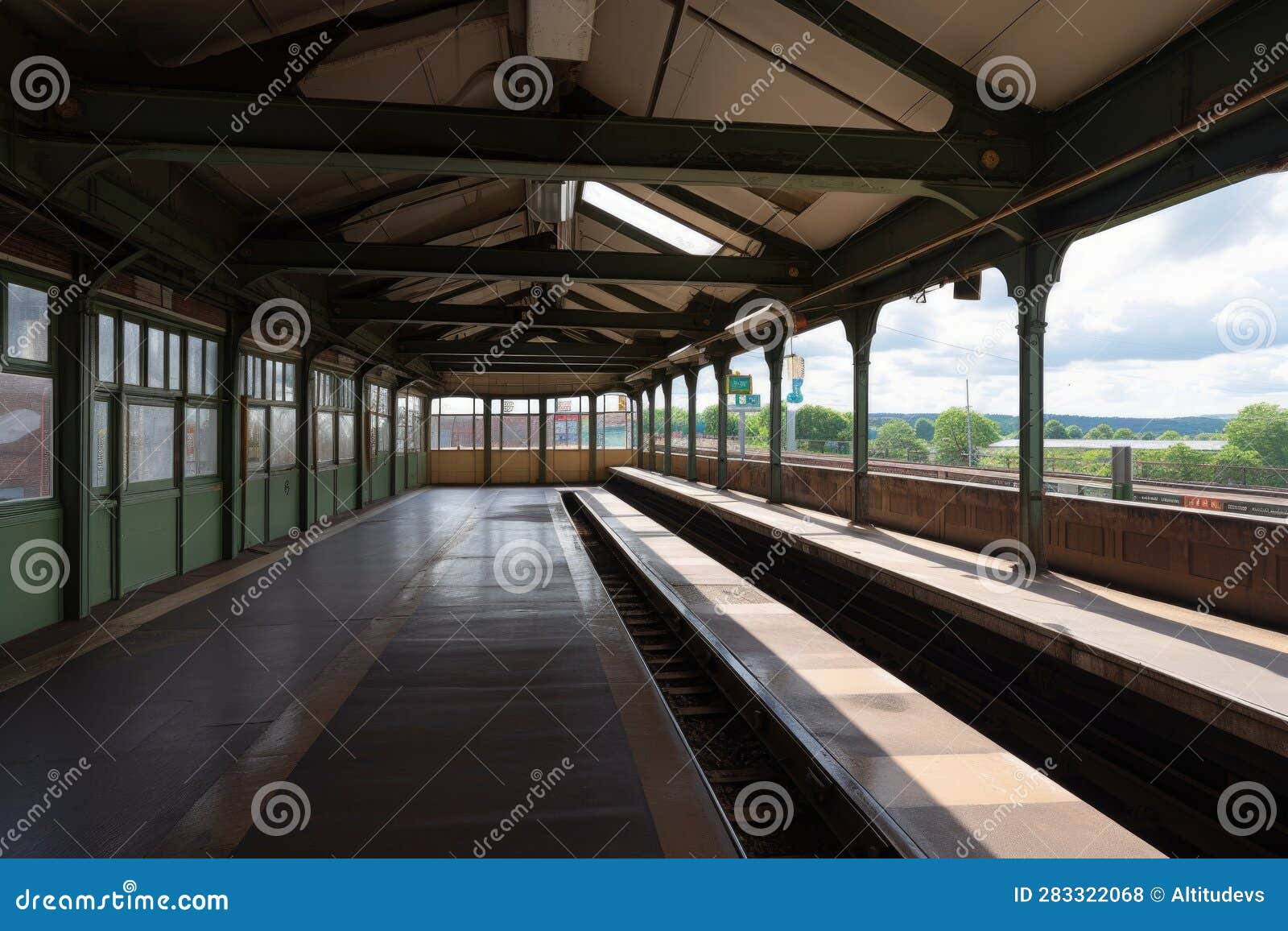 Station Platform, with View of Passing Train, Visible through the ...