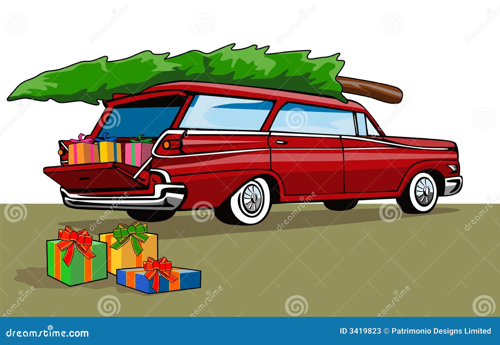Station wagon with tree stock vector. Illustration of gift - 3419823