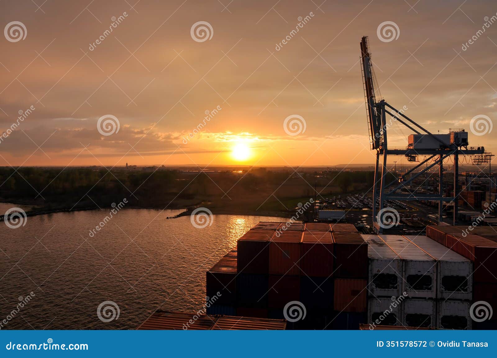 Stationary Containers Ship at Sunset Time Stock Photo - Image of sunset ...