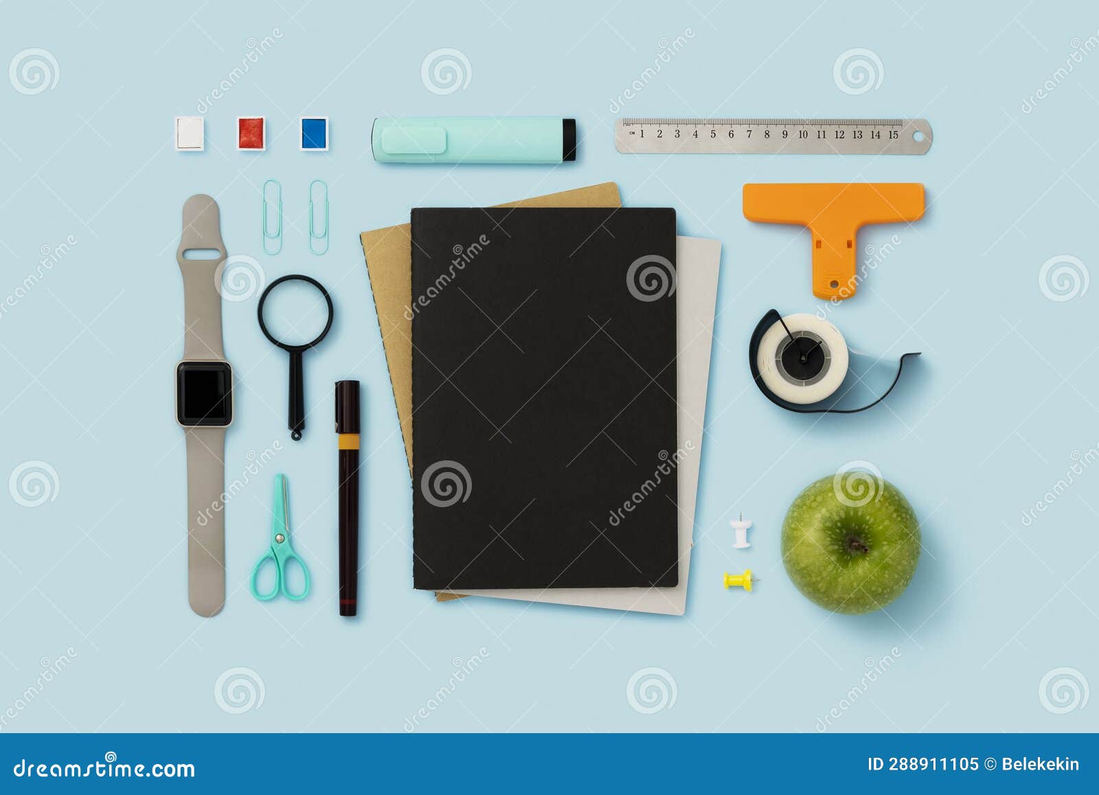 Stationary Flat Lay on Blue Background Stock Image - Image of office ...