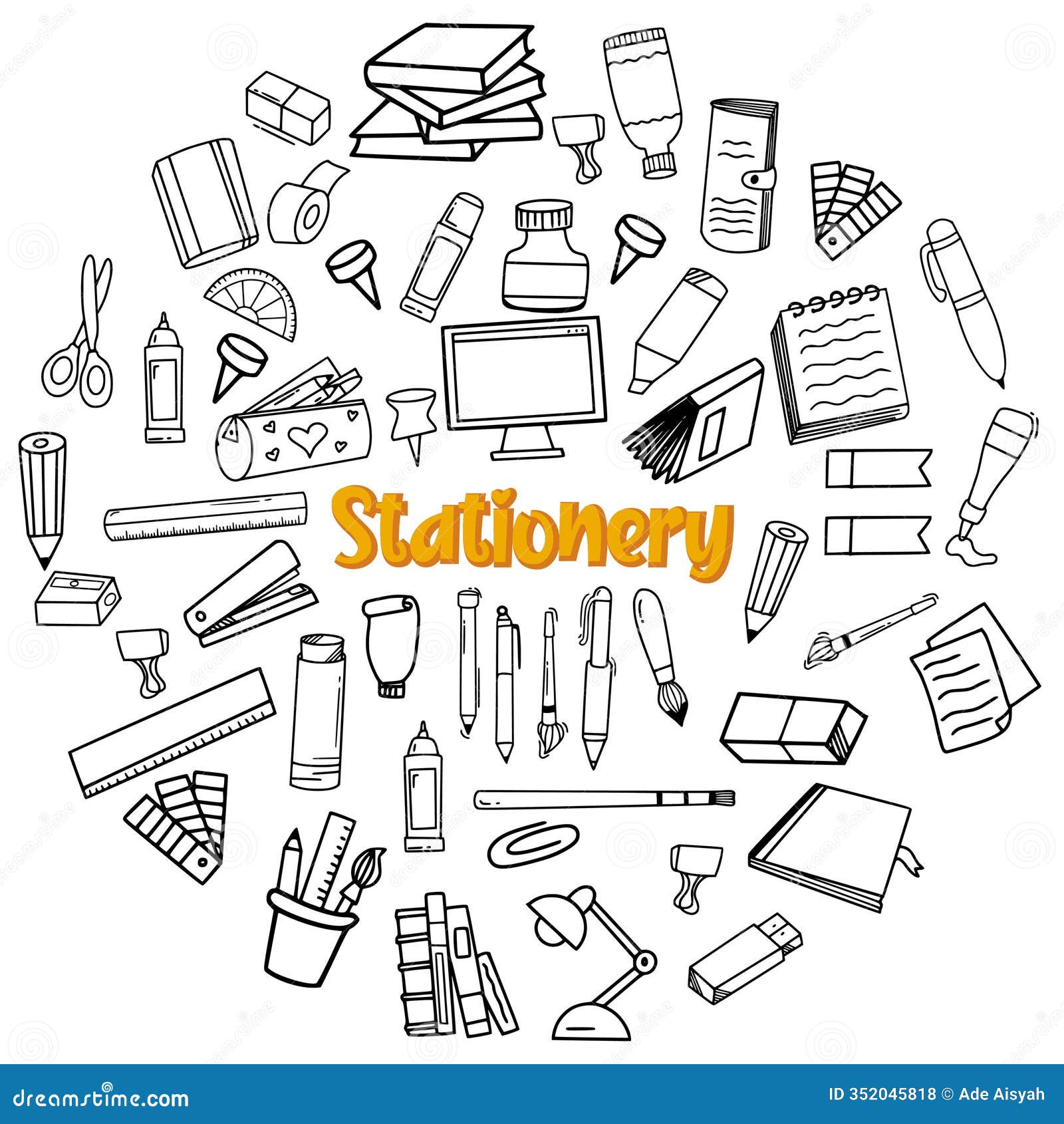 Stationary Line Art Hand Drawn Doodle Vector in Circle Template Stock ...