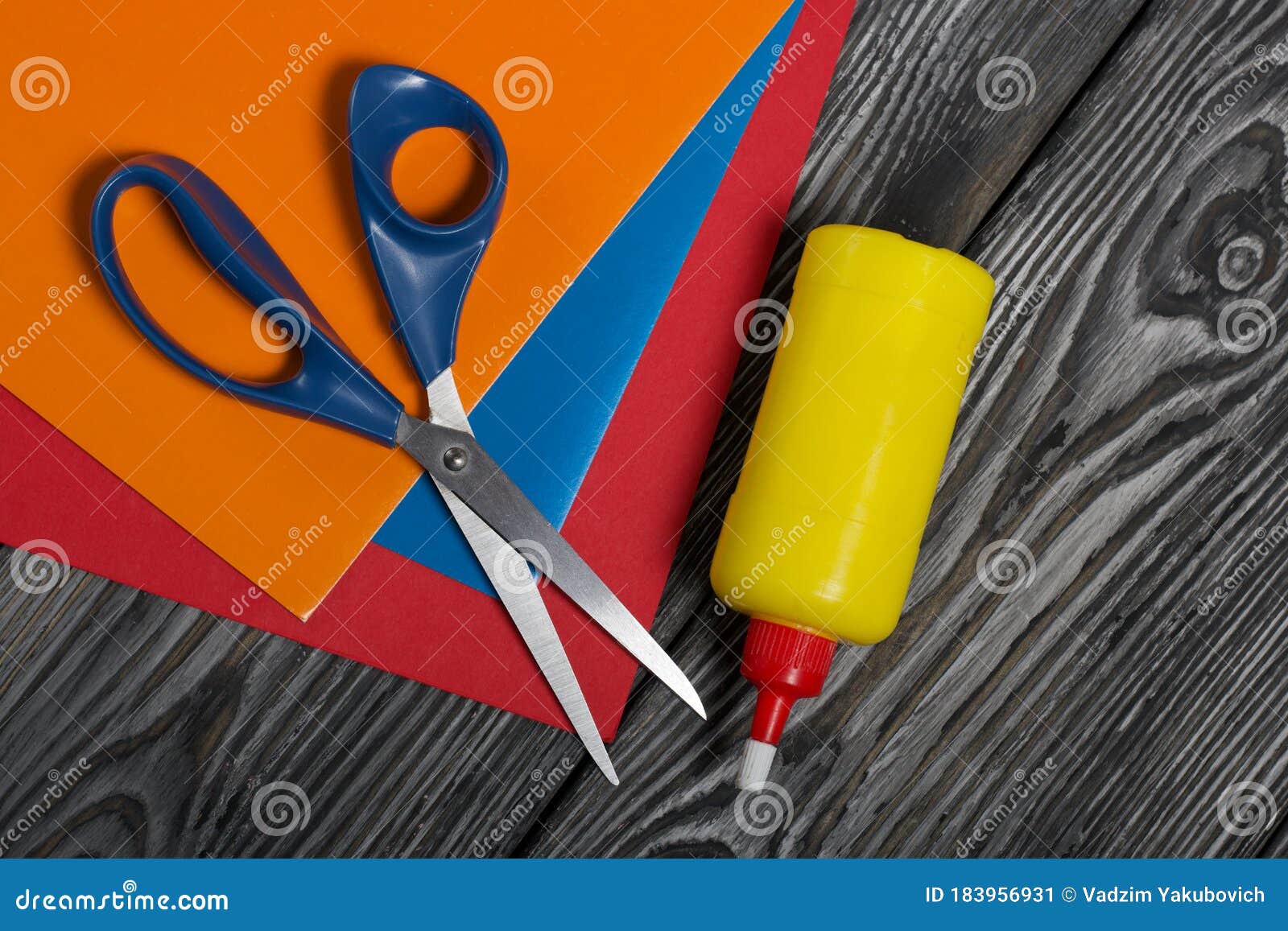 Stationery. Colored Paper, Scissors and Glue Stock Image - Image of ...