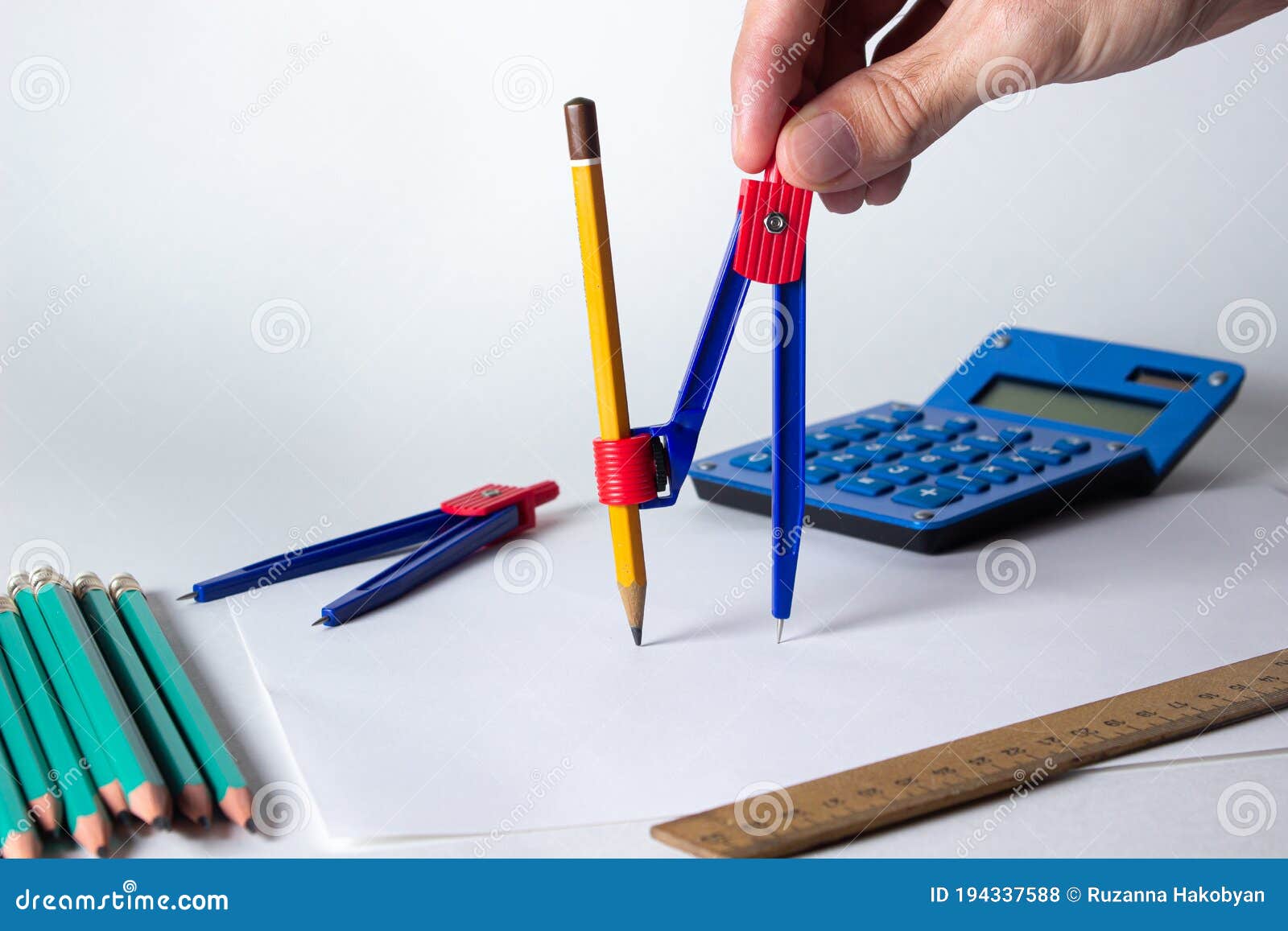 Stationery. Compasses on White Paper Stock Photo - Image of background ...