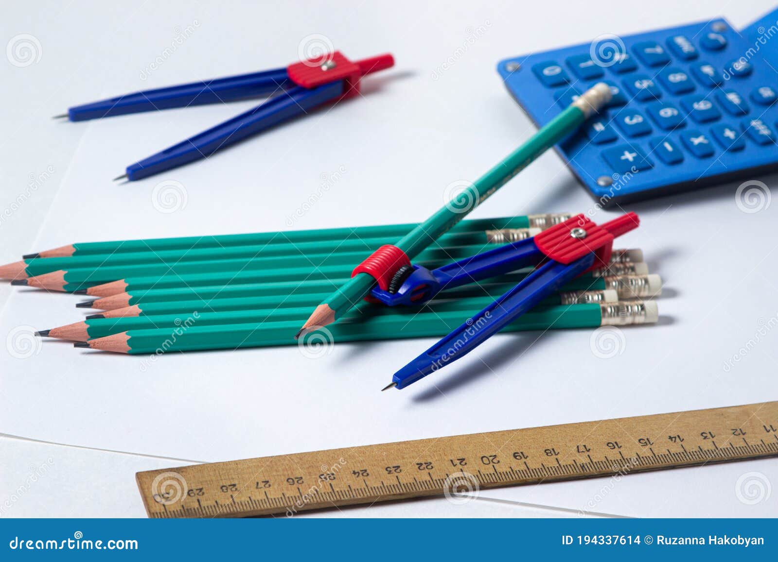 Stationery. Compasses on White Paper Stock Photo - Image of school ...