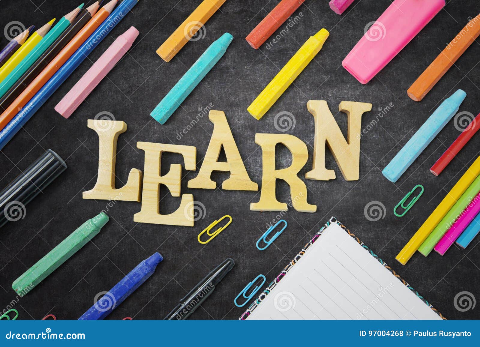 Stationery with Learn Word on the Blackboard Stock Photo - Image of ...