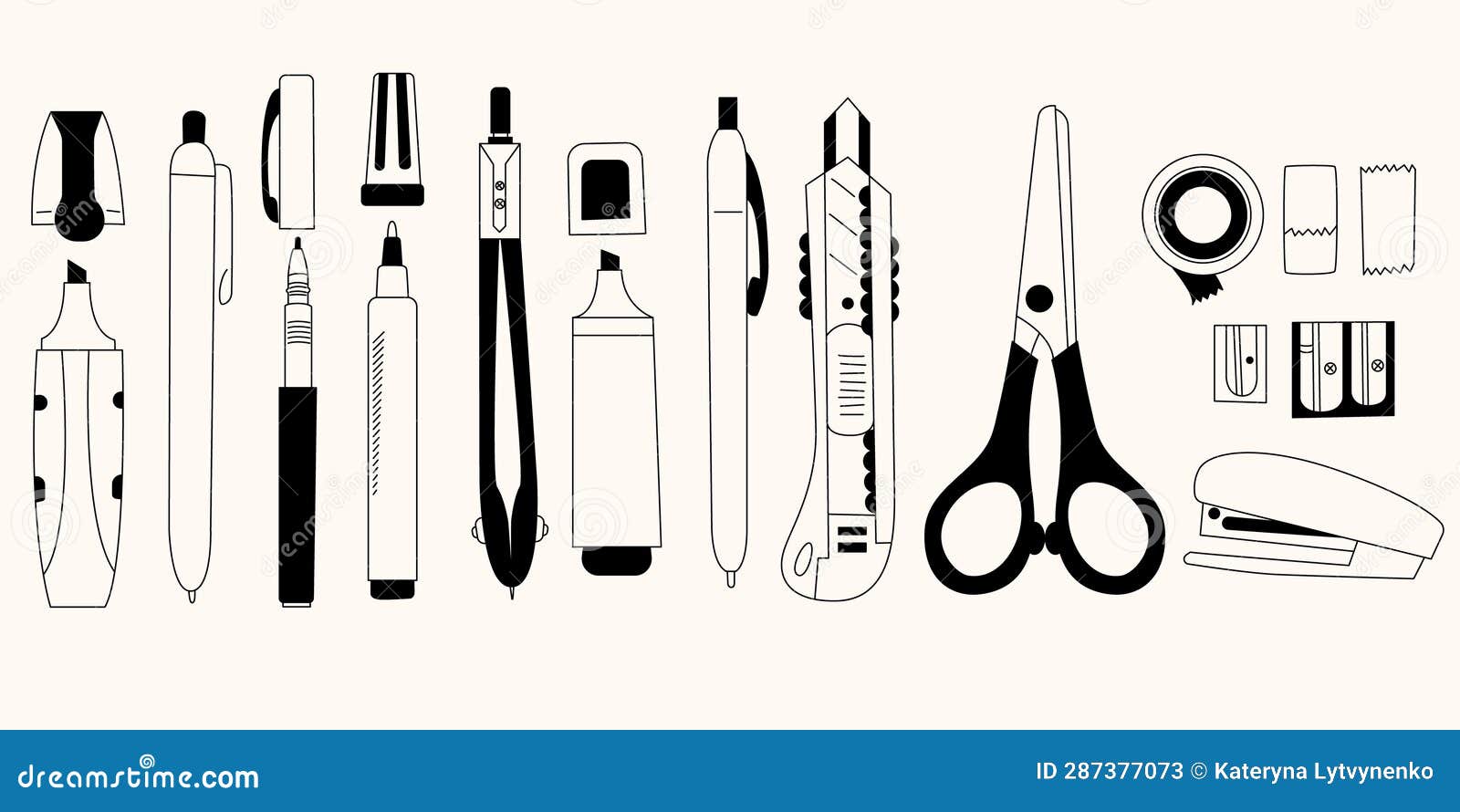 Stationery Line Art Style Set. Vector Editable Stroke. Set of Items for ...