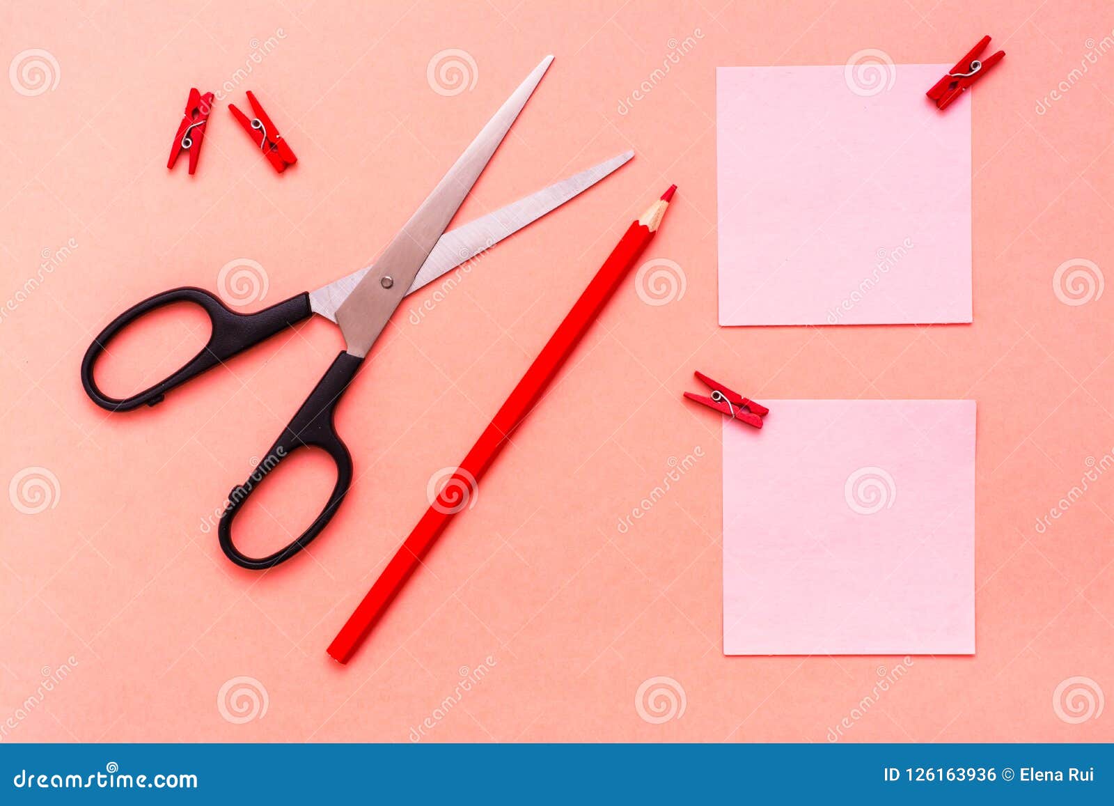 Stationery - Sheets for Notes Clipped, Pencil and Scissors on a Stock ...