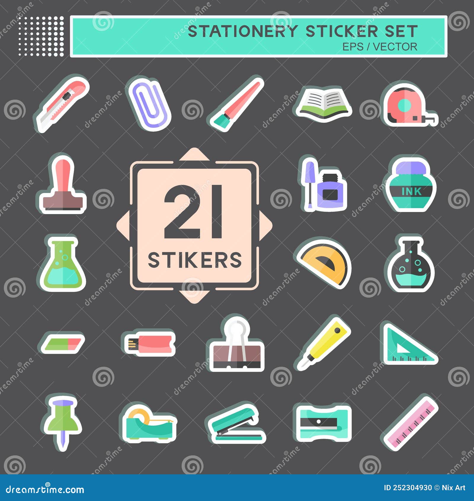 Stationery Sticker Set in Trendy Isolated on Black Background Stock ...