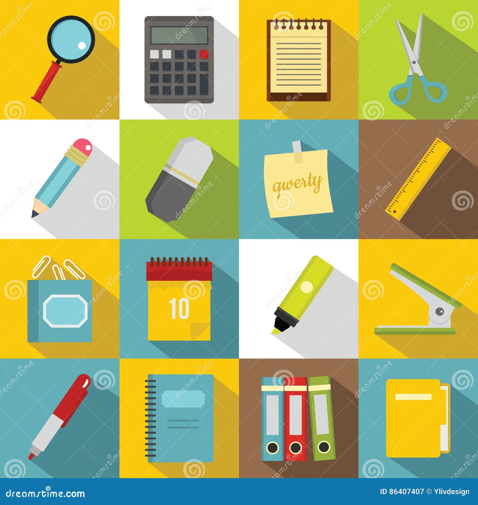 Stationery Symbols Icons Set, Flat Style Stock Vector - Illustration of ...