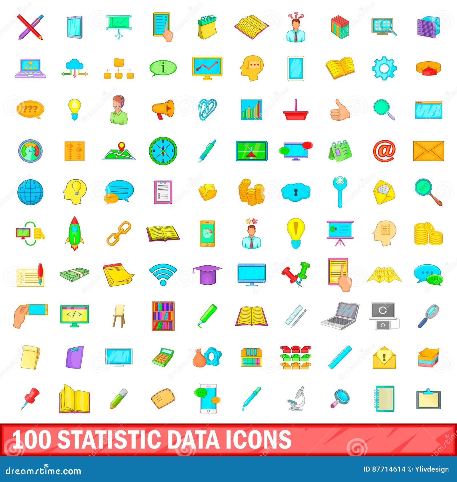 100 Statistic Data Icons Set, Cartoon Style Stock Vector - Illustration ...