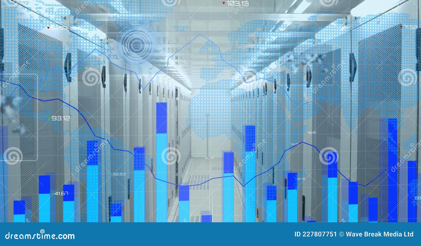 Statistical Data Processing and Round Scanners Over World Map Against Empty Computer Server Room ...
