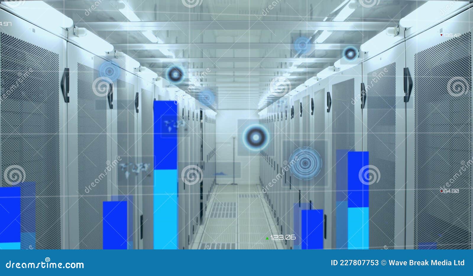 Statistical Data Processing And Round Scanners Over World Map Against Empty Computer Server Room