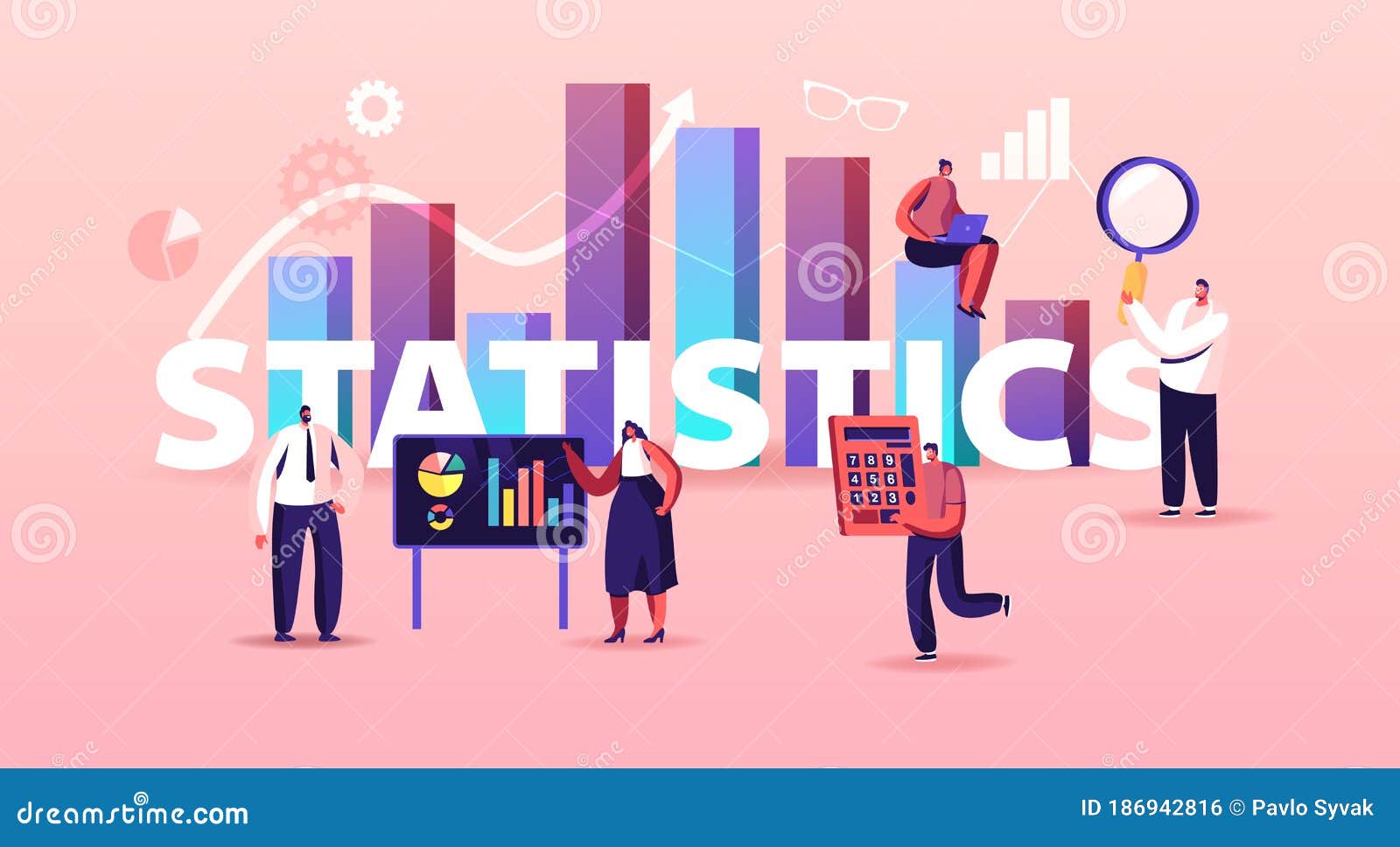 Statistics Concept. Tiny Characters at Touch Screen and Huge Column ...