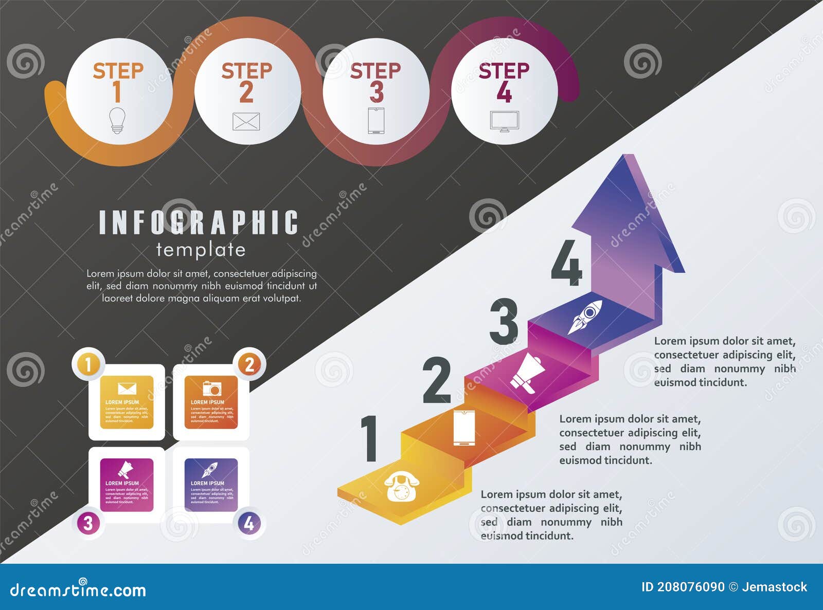 Statistics Infographics Steps With Arrow Up And Earth Maps In Gray ...