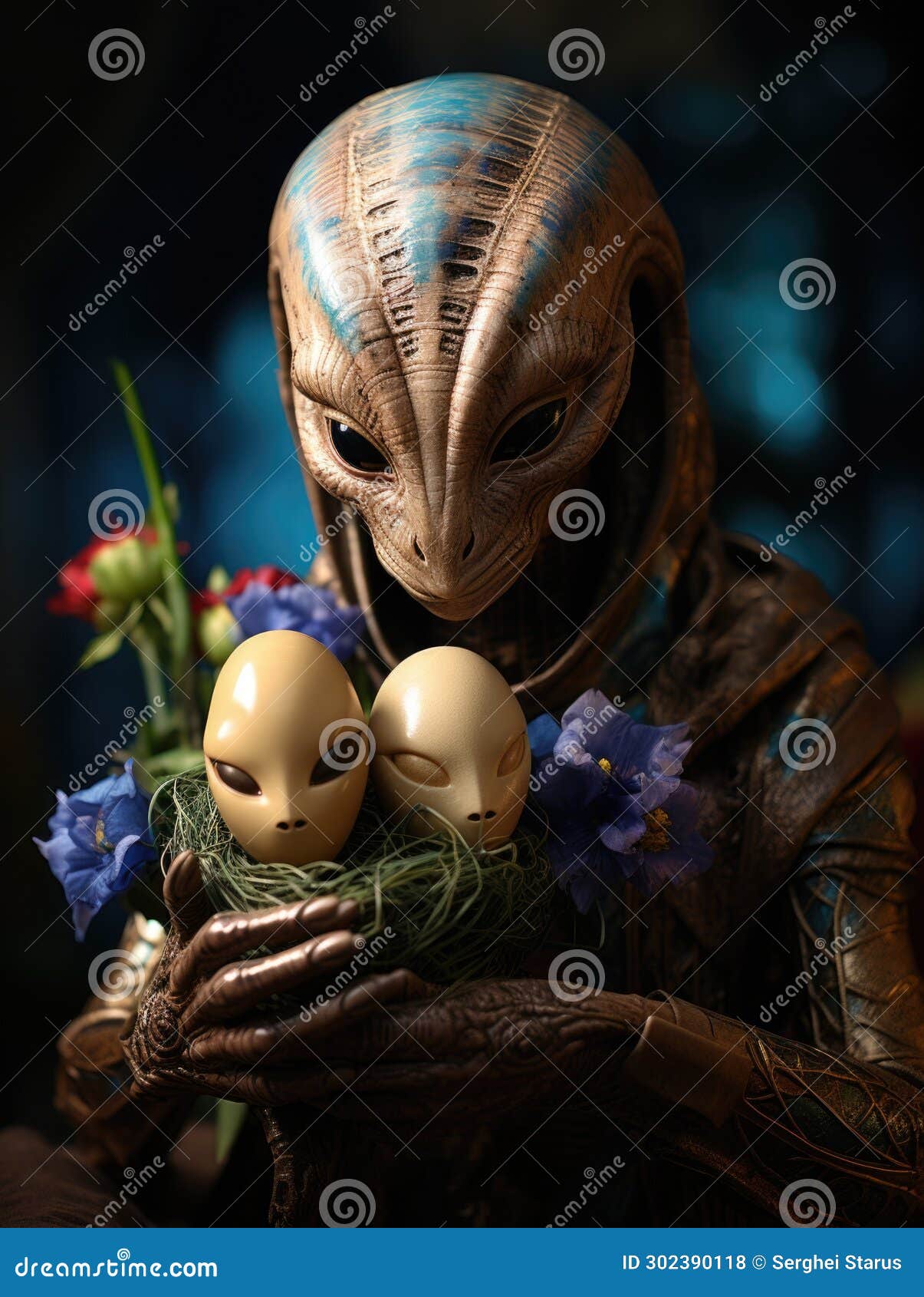 A Statue of a Alien Holding an Egg with Two Aliens in the Nest, AI ...