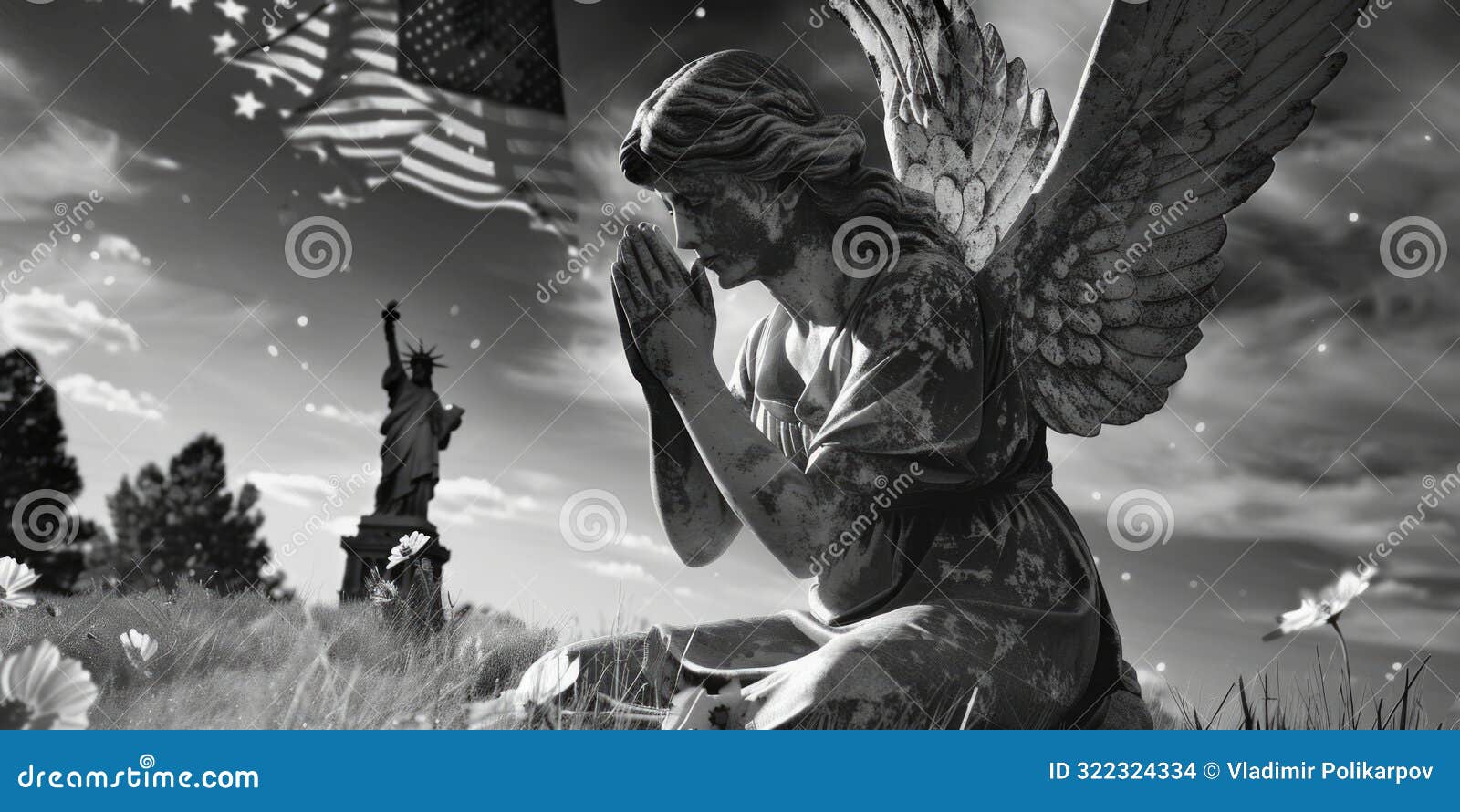 A Statue of an Angel Praying in a Green Field Stock Photo - Image of ...