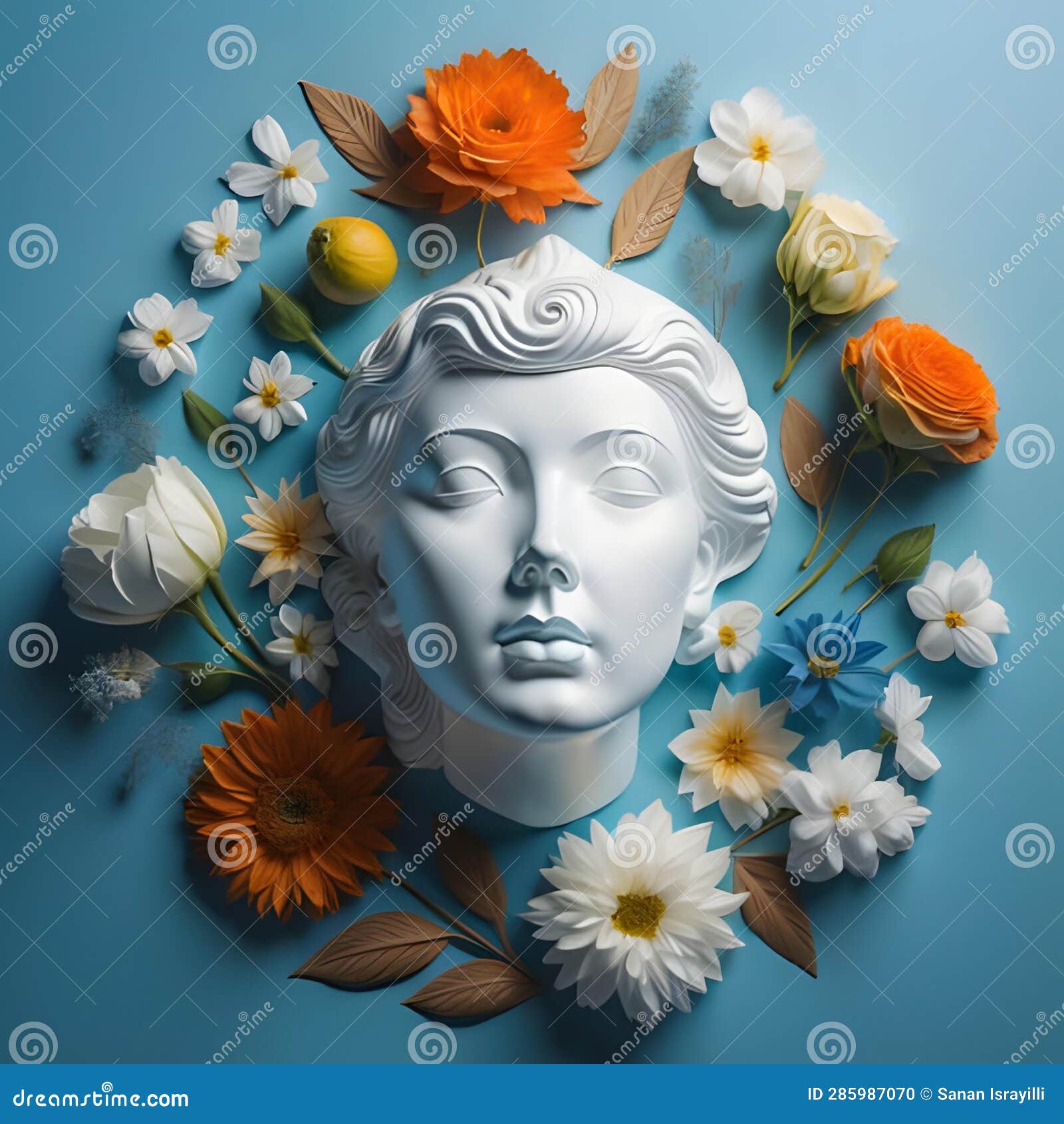 Statue of Apollo with Flowers on Blue Background, Generative Ai Stock ...