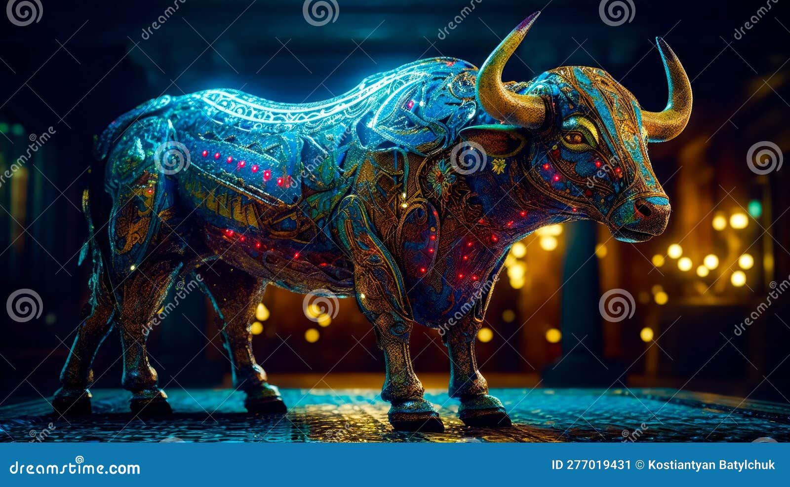 Statue of Bull with Lot of Lights on it S Face. Generative AI Stock ...