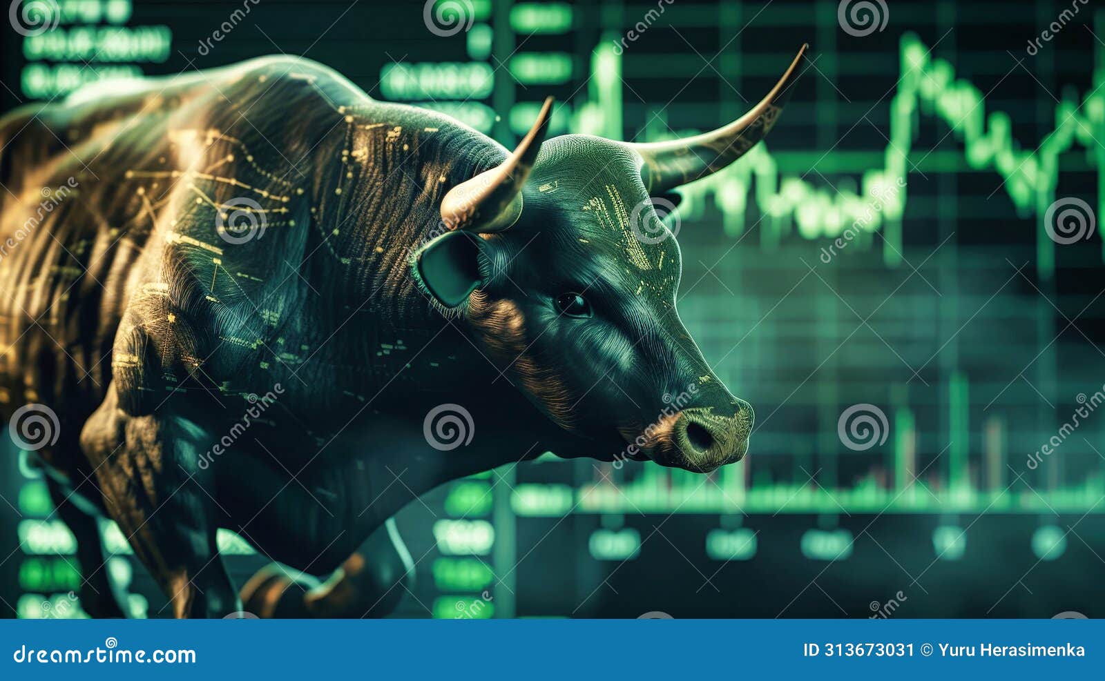 A Statue of a Bull Positioned in Front of a Detailed Stock Chart ...