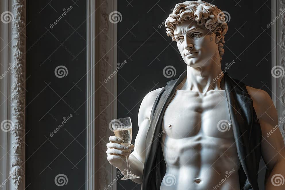 Statue of David Holding Glass of Sparkling Wine in Elegant Setting ...