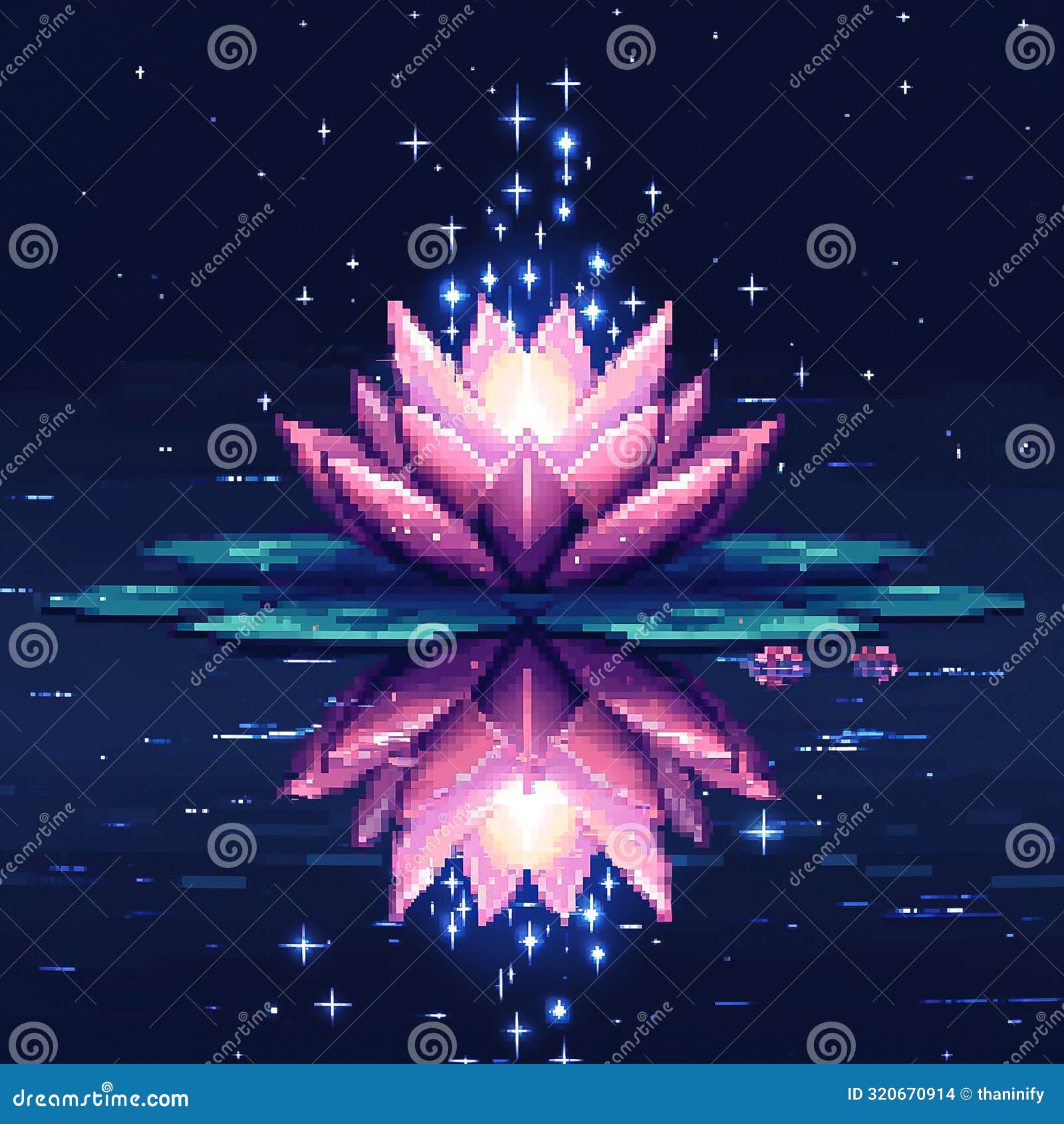 Pixel Lotus Flower with Stars Reflected in Water Stock Illustration ...